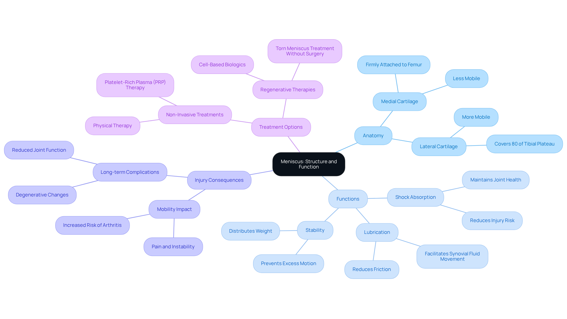 The central node represents the meniscus, while the branches show its anatomy, functions, injury consequences, and treatment options. Each color-coded branch helps you see how these aspects are related. The central node represents the meniscus, while the branches show its anatomy, functions, injury consequences, and treatment options. Each color-coded branch helps you see how these aspects are related.