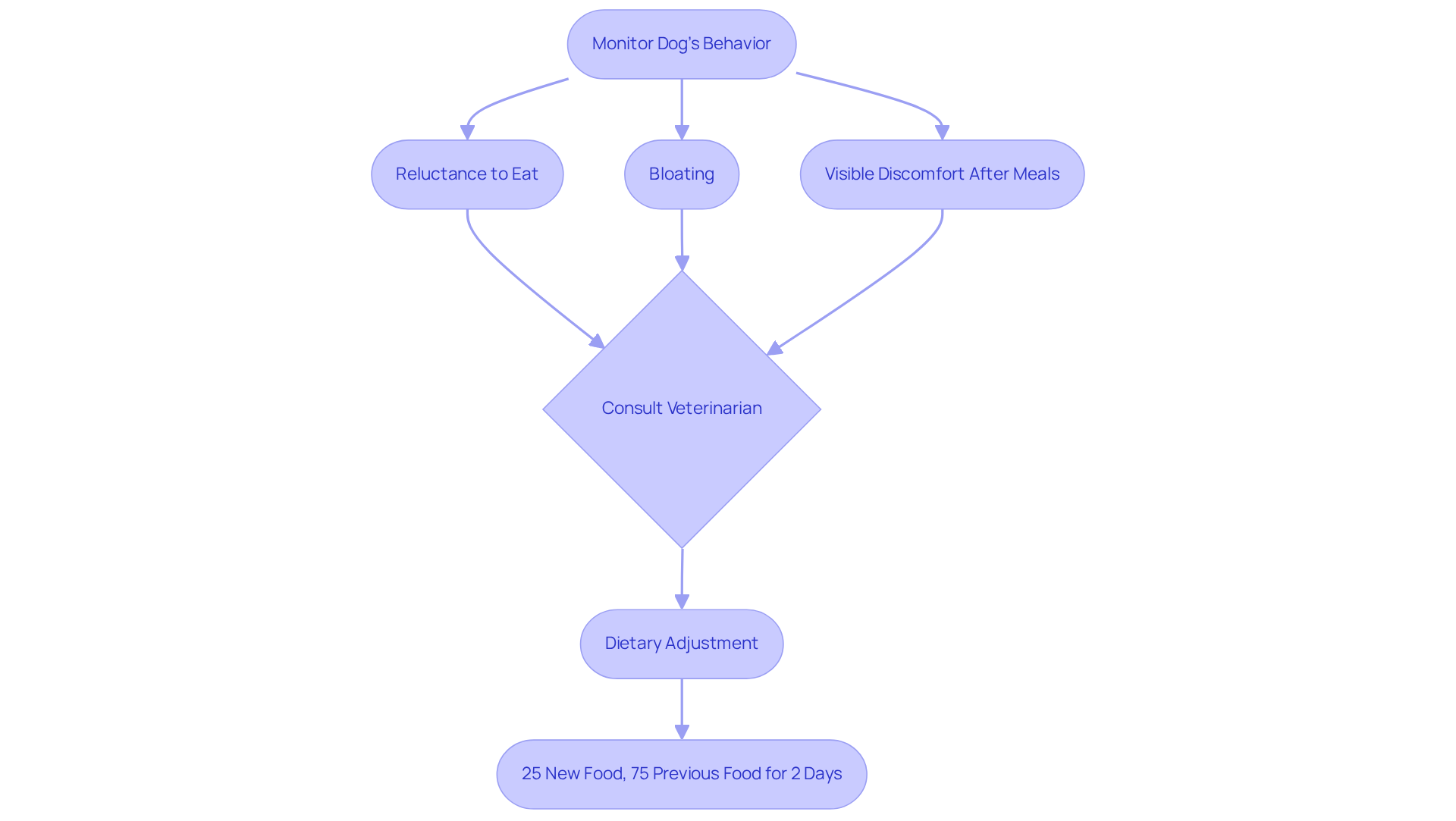 Follow the steps in the flowchart to identify symptoms of digestive sensitivity and to safely adjust your dog's diet. Each box represents an action or observation to help ensure your dog stays healthy.