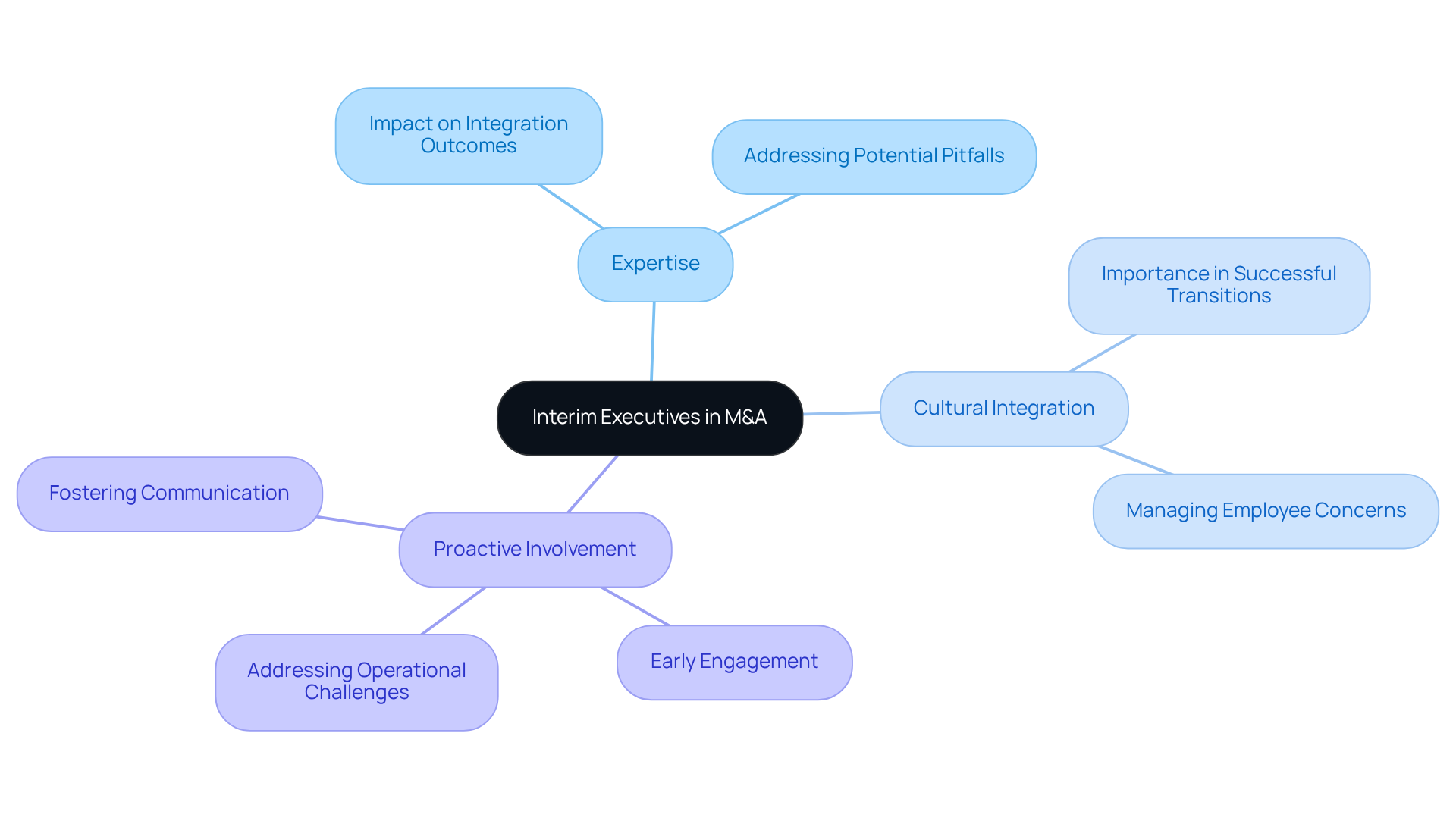 The center represents the main idea, while each branch shows a critical aspect of how interim executives contribute to M&A success. Follow the branches to understand the interconnected roles they play. The center represents the main idea, while each branch shows a critical aspect of how interim executives contribute to M&A success. Follow the branches to understand the interconnected roles they play.