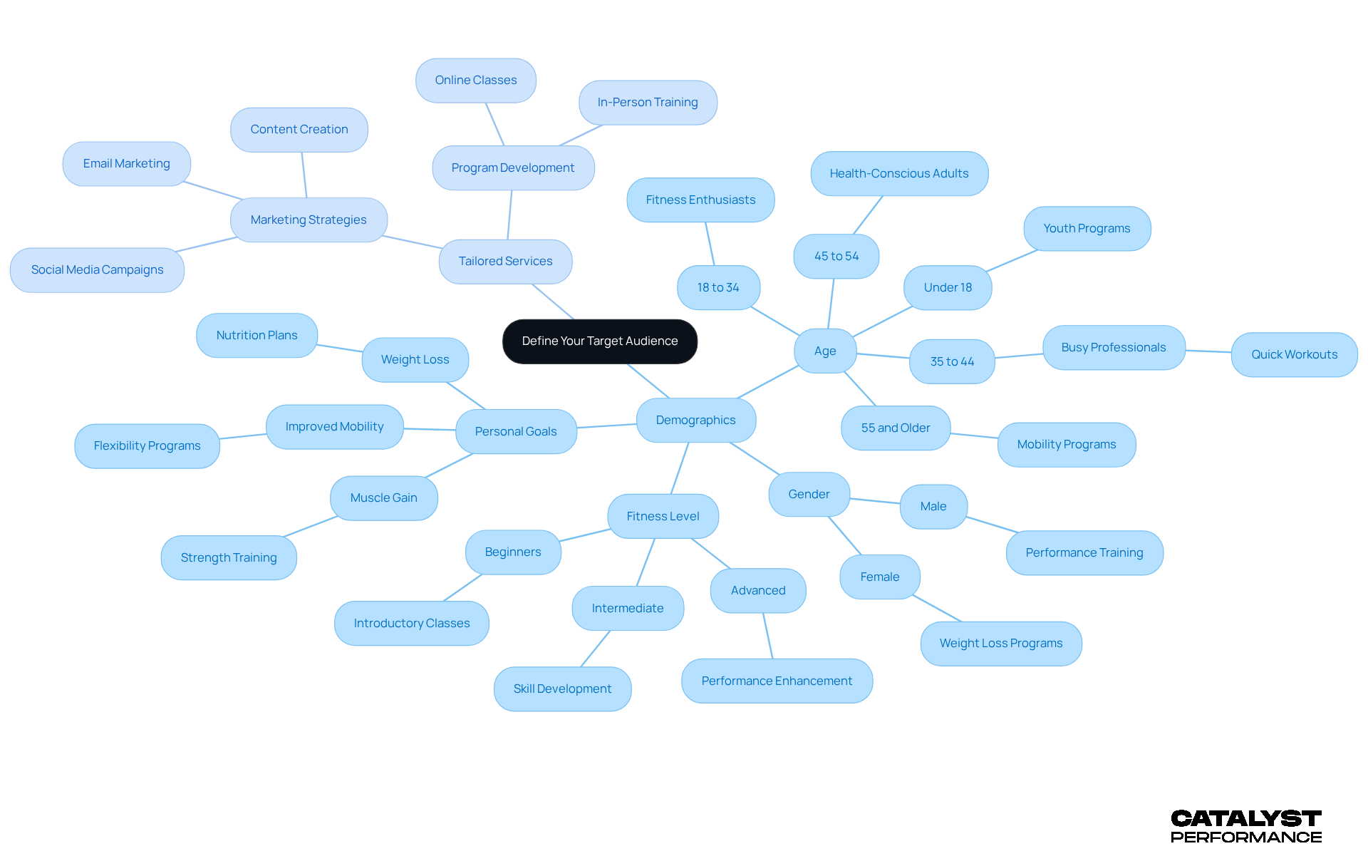 Start at the center with the main idea of defining your audience. Follow the branches to explore different demographics and see how they lead to tailored services and marketing strategies.