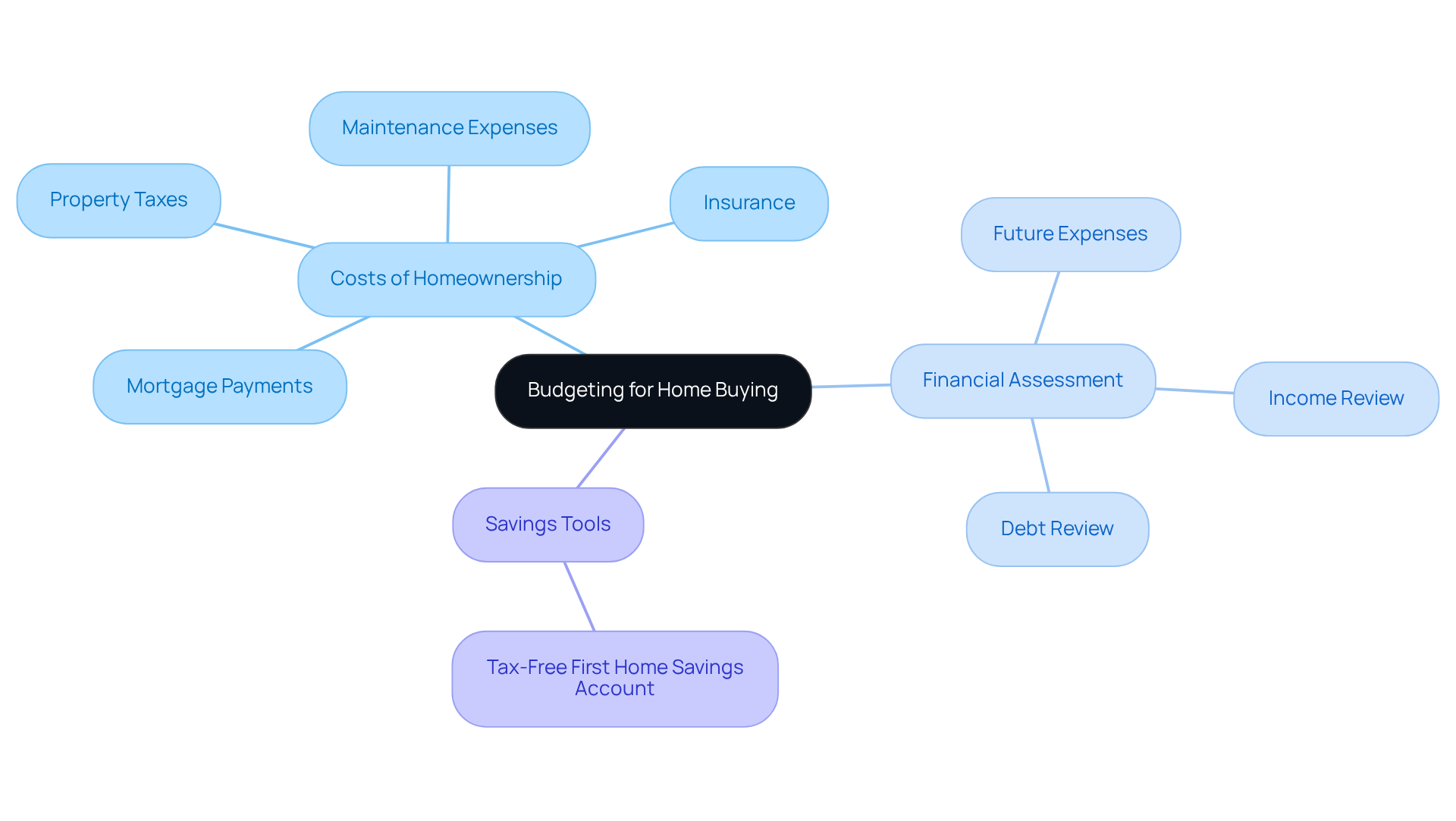 Start at the center with the main topic of budgeting, then explore the branches that detail costs, assessment strategies, and savings tools to help first-time buyers make informed decisions.