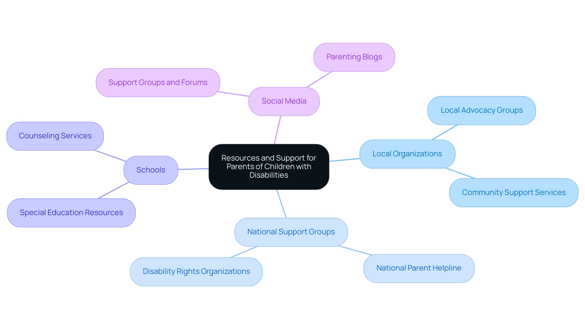 Each branch represents a category of support, with sub-branches detailing specific resources and organizations.