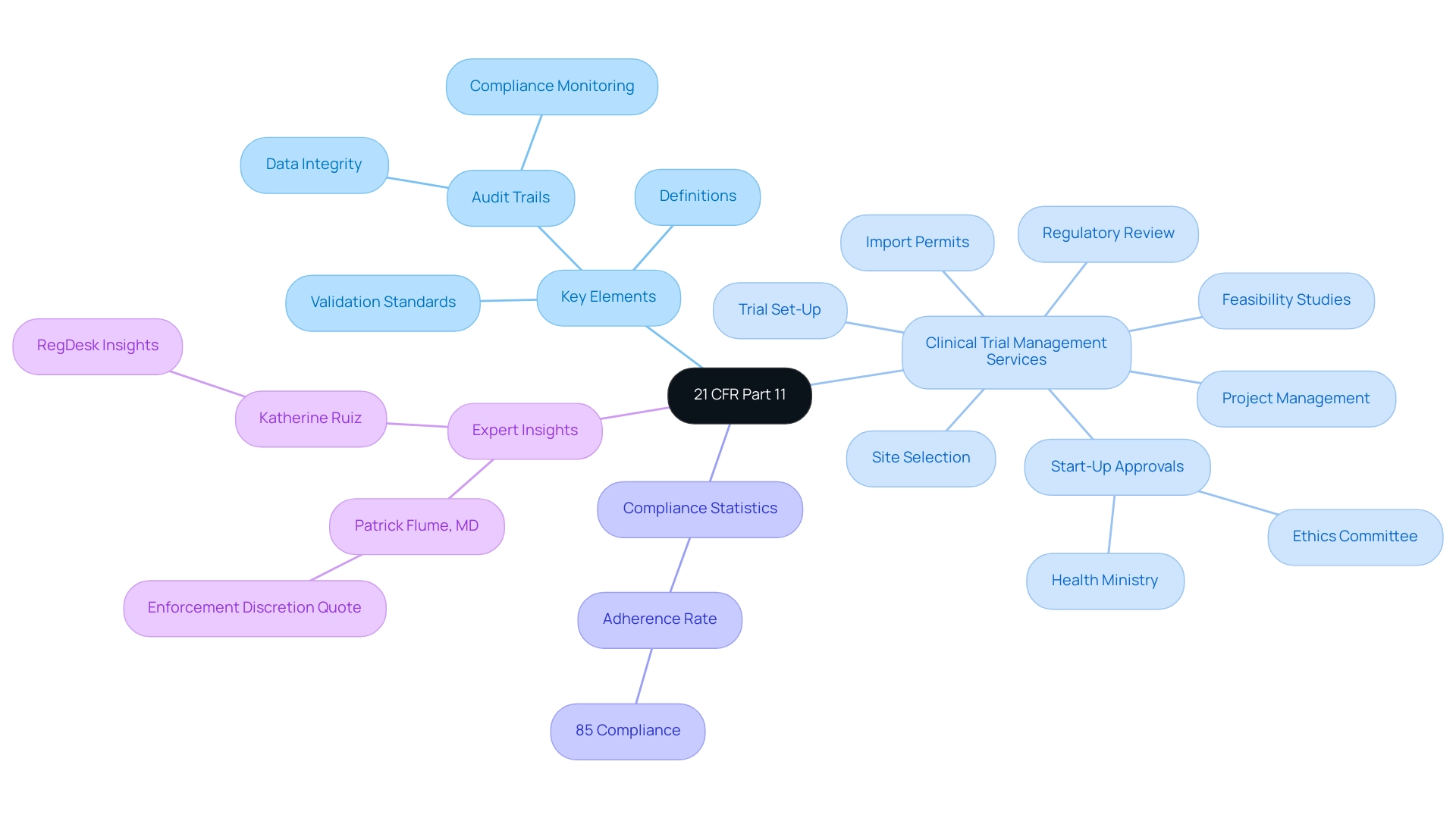 The central node represents the regulation, with branches illustrating key elements, services, compliance statistics, and insights from experts.