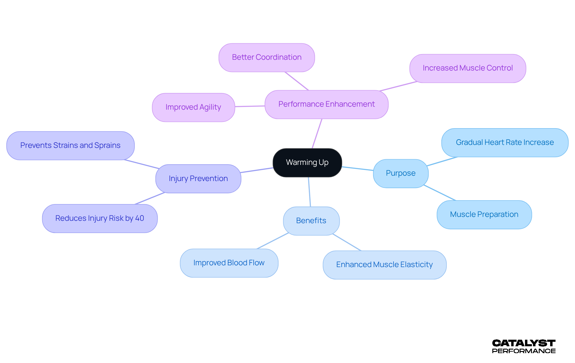This mindmap shows how warming up is essential for exercise. Each branch represents a different aspect of warming up, helping you understand why it's crucial for your health and performance.