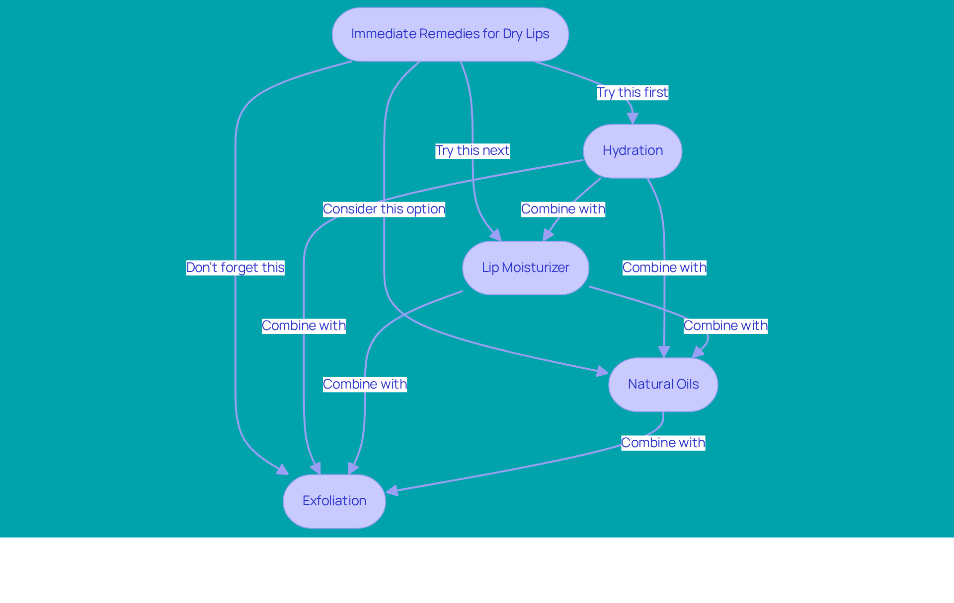 Each box represents a remedy you can try for dry lips. Follow the arrows to see how you can combine these steps for the best results!