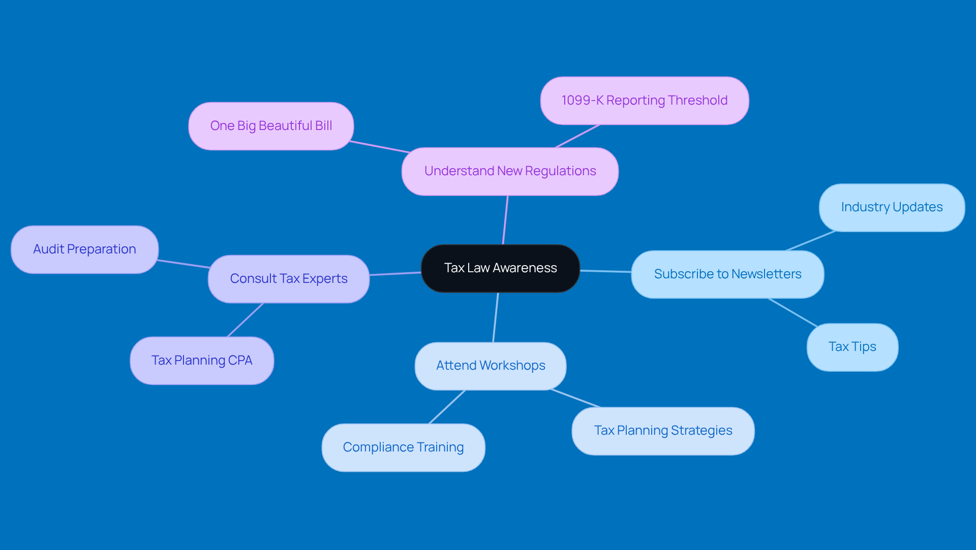 The center represents the main theme of tax law awareness, while the branches show different strategies entrepreneurs can use to stay informed. Each sub-branch provides more detail on specific actions or considerations. The center represents the main theme of tax law awareness, while the branches show different strategies entrepreneurs can use to stay informed. Each sub-branch provides more detail on specific actions or considerations.