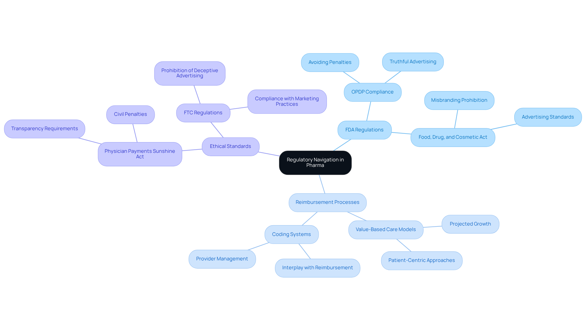 At the center, you have the overall theme of regulatory navigation. Each branch represents a key area of focus, and the sub-branches provide specific details and examples. The colors help differentiate between the topics, making it easy to follow each area of compliance.
