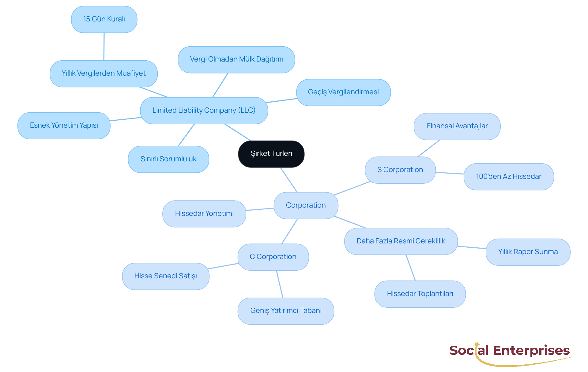 Ana dal, şirket türlerini temsil ederken; alt dallar, her bir türün avantajlarını ve özelliklerini gösterir. Renkler ve şekiller, bilgilerin daha kolay anlaşılmasını sağlar. Ana dal, şirket türlerini temsil ederken; alt dallar, her bir türün avantajlarını ve özelliklerini gösterir. Renkler ve şekiller, bilgilerin daha kolay anlaşılmasını sağlar.