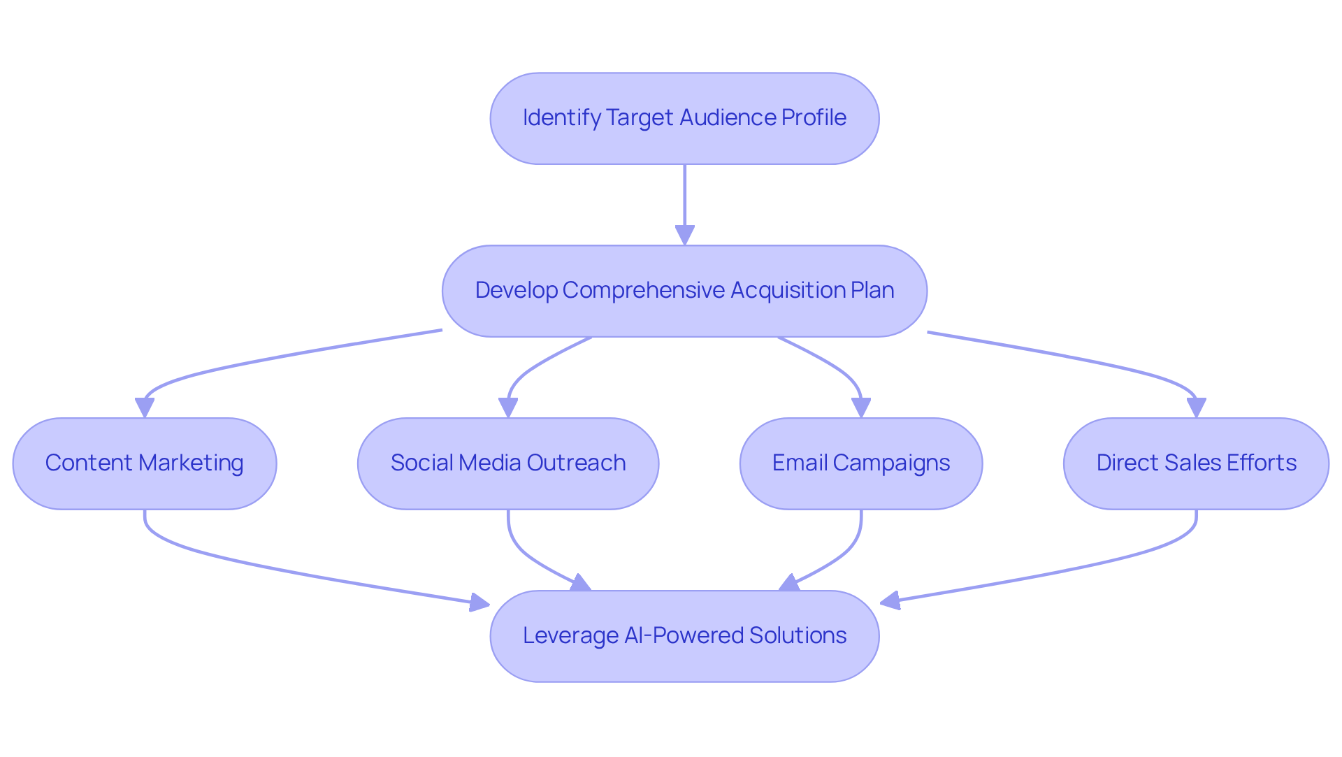 Follow the flow from identifying your audience to developing a tailored acquisition plan. Each channel represents a method to reach potential customers, and the AI solutions enhance your strategy by providing valuable insights.