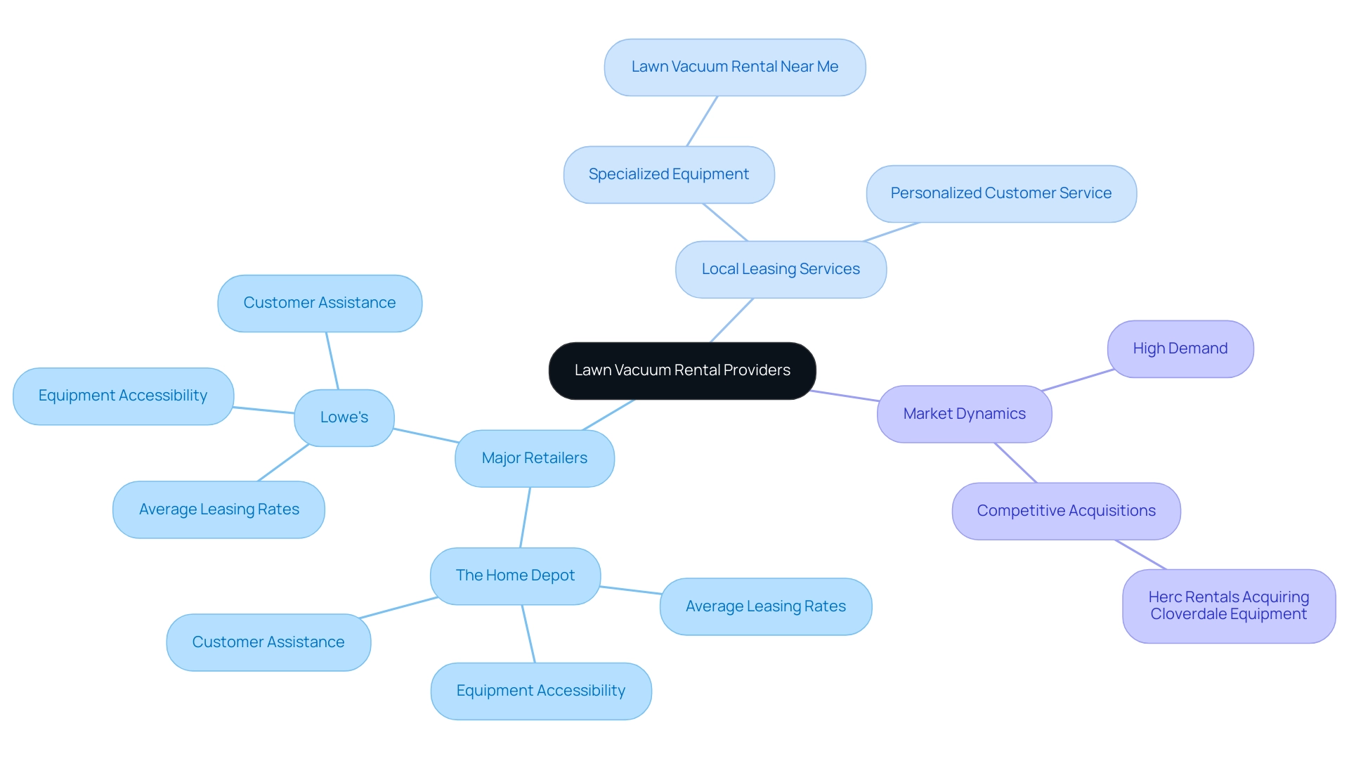 The central node represents the overall category of providers, with branches for major retailers and local services, and further sub-branches detailing factors to consider.