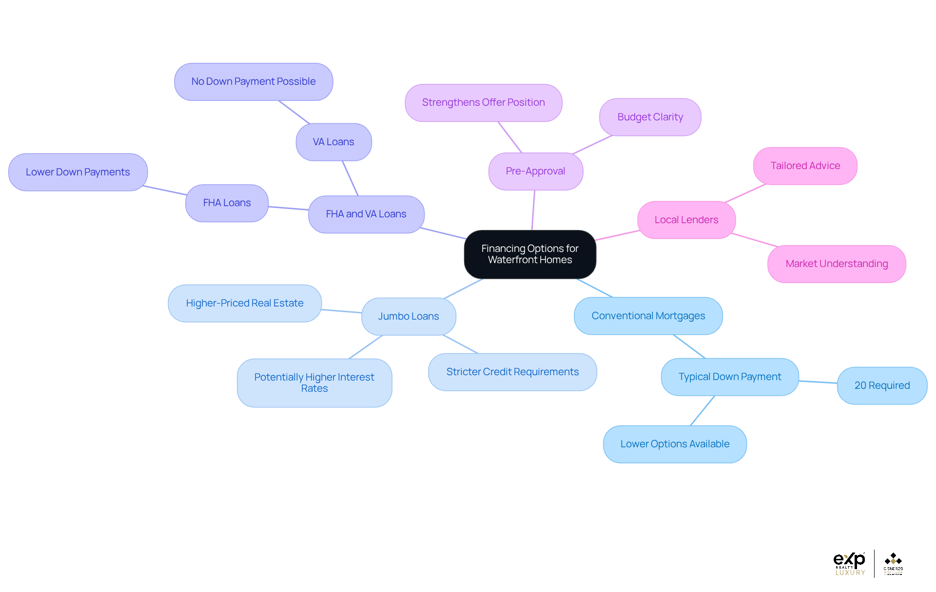 The center represents the main topic of financing options, and each branch shows a different type of loan or advice. Follow the branches to explore the details of each option.