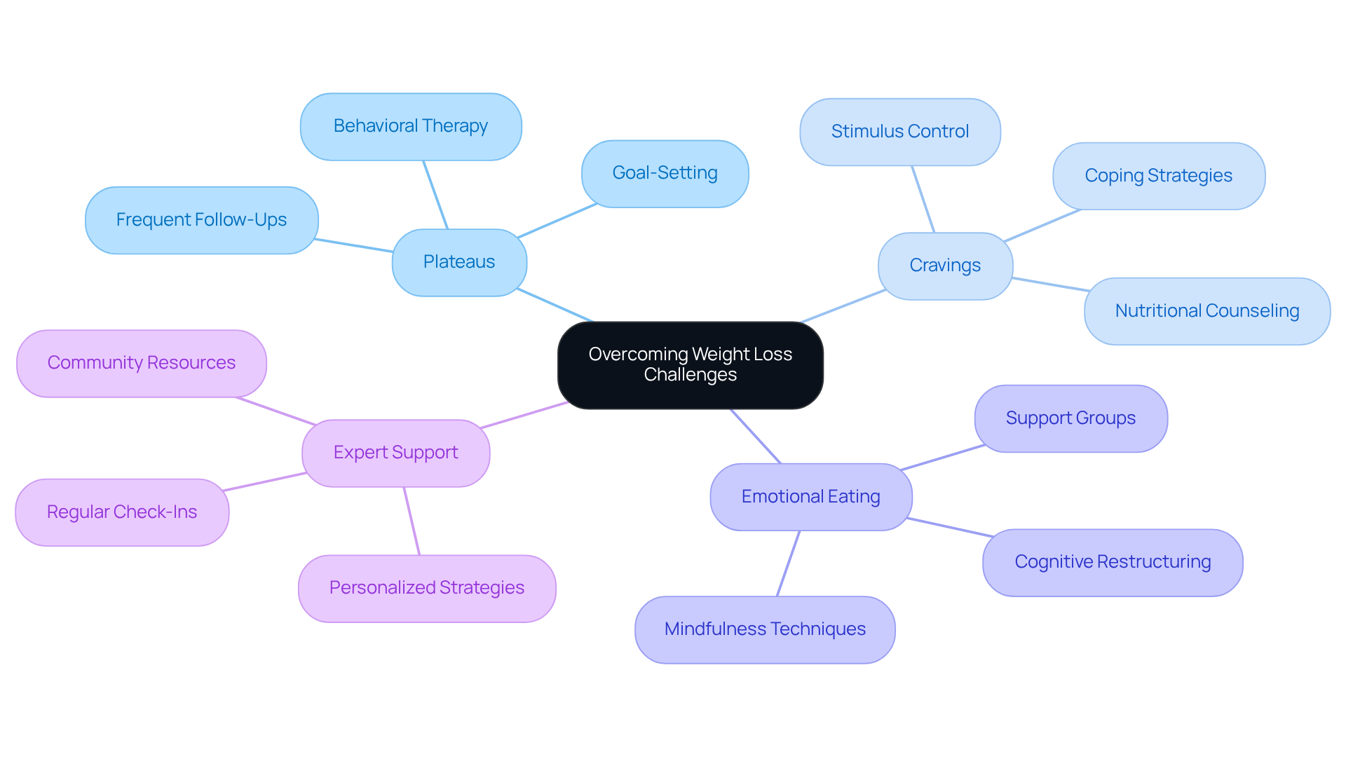 The central node represents the main theme of overcoming weight loss challenges. Each branch shows a specific challenge or support strategy, with further details on how to tackle them. Follow the branches to explore the comprehensive support available.