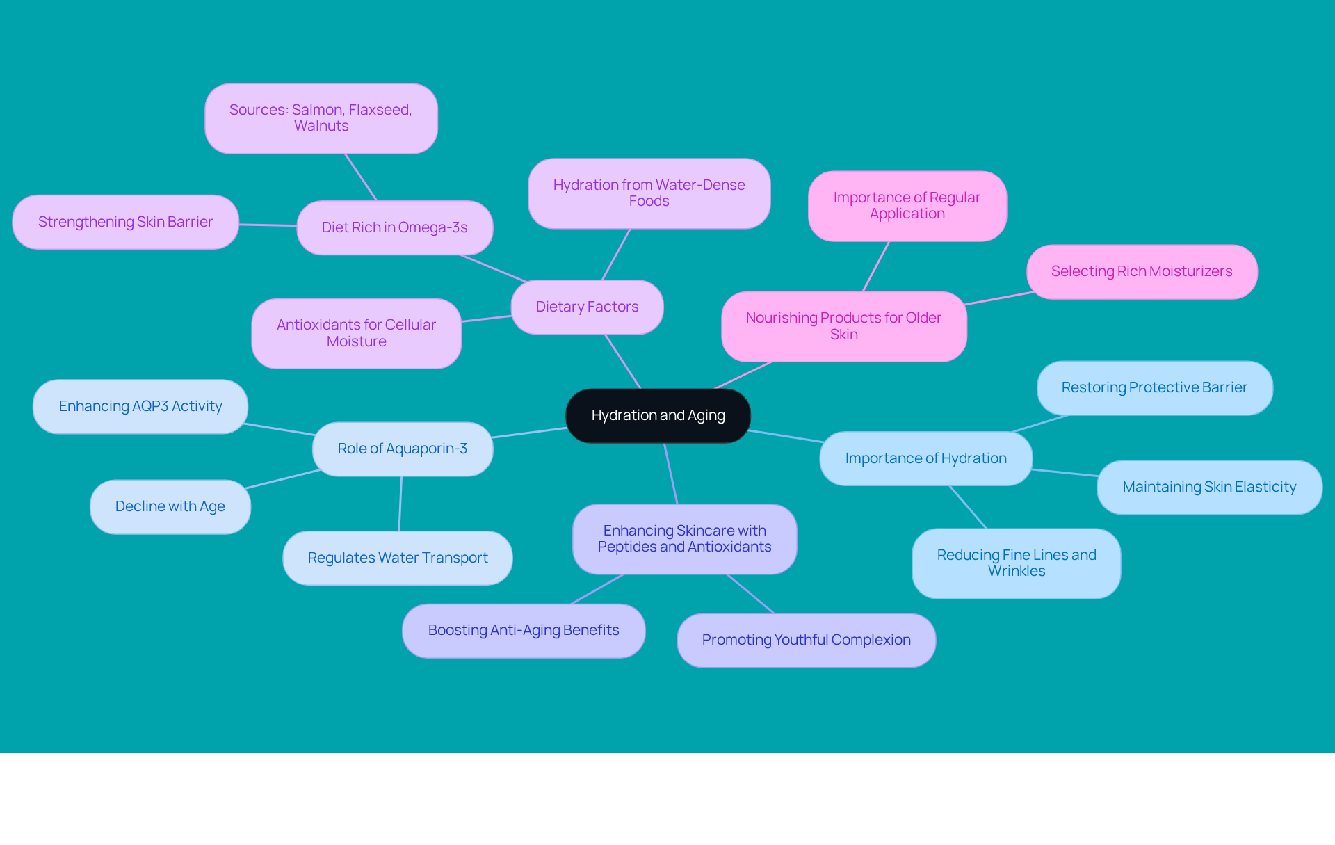 The central node represents the main topic. Each branch explores different aspects of hydration and skin health, helping you see how they connect and contribute to maintaining youthful skin.