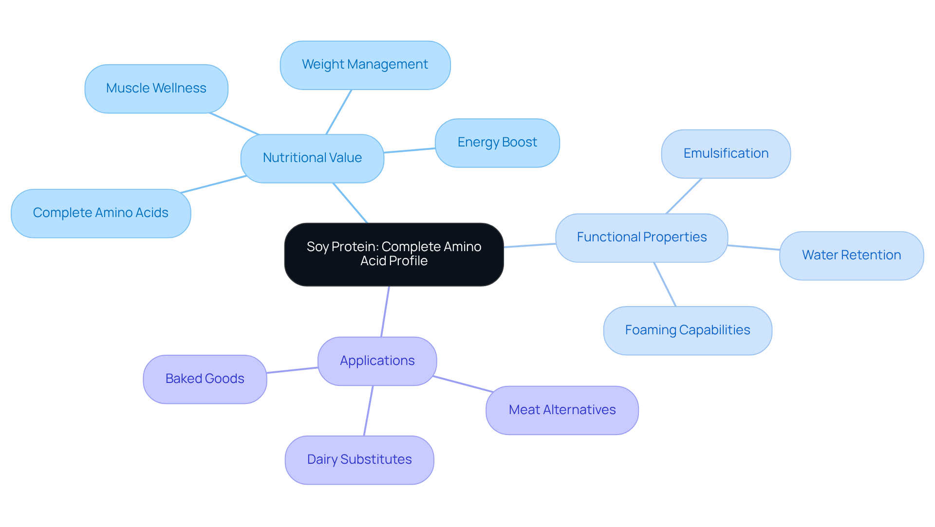 The central node represents soy protein, with branches showing its nutritional benefits, functional properties, and various applications in food. Each branch highlights key points, making it easy to see how they all connect.