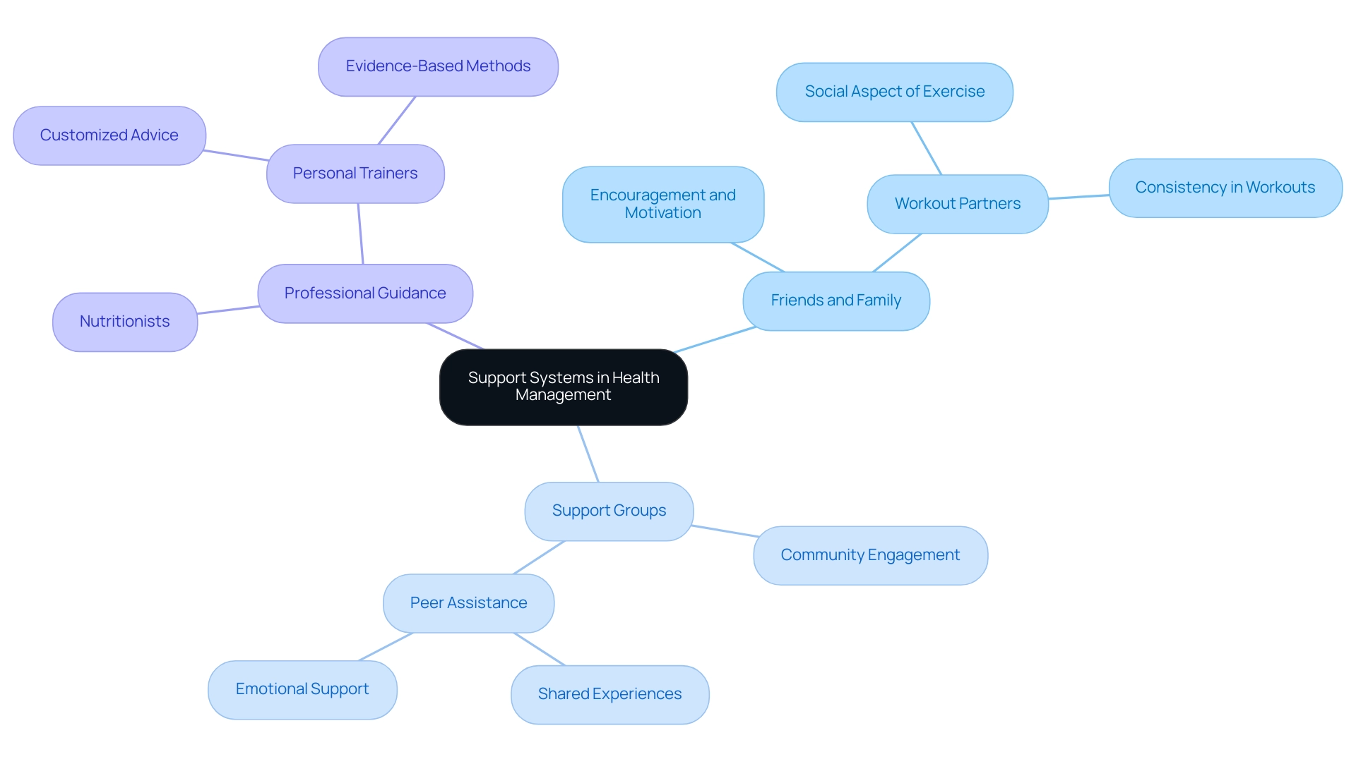 The central node represents the overall theme, with branches showing the three key areas of support systems and their respective subcategories.