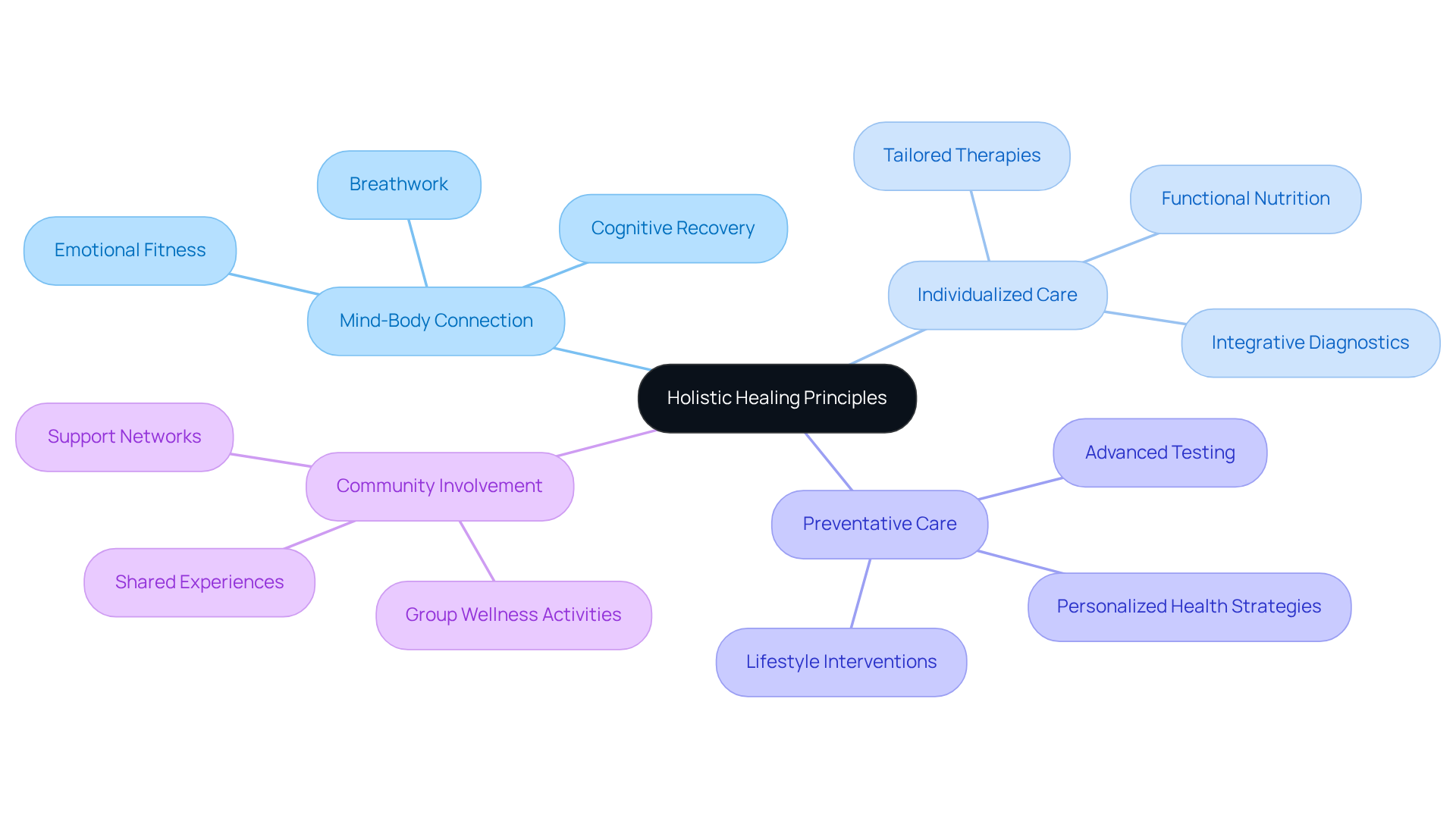 Start at the center with the main theme of holistic healing, then follow the branches to explore different principles and practices that contribute to overall wellness. Start at the center with the main theme of holistic healing, then follow the branches to explore different principles and practices that contribute to overall wellness.