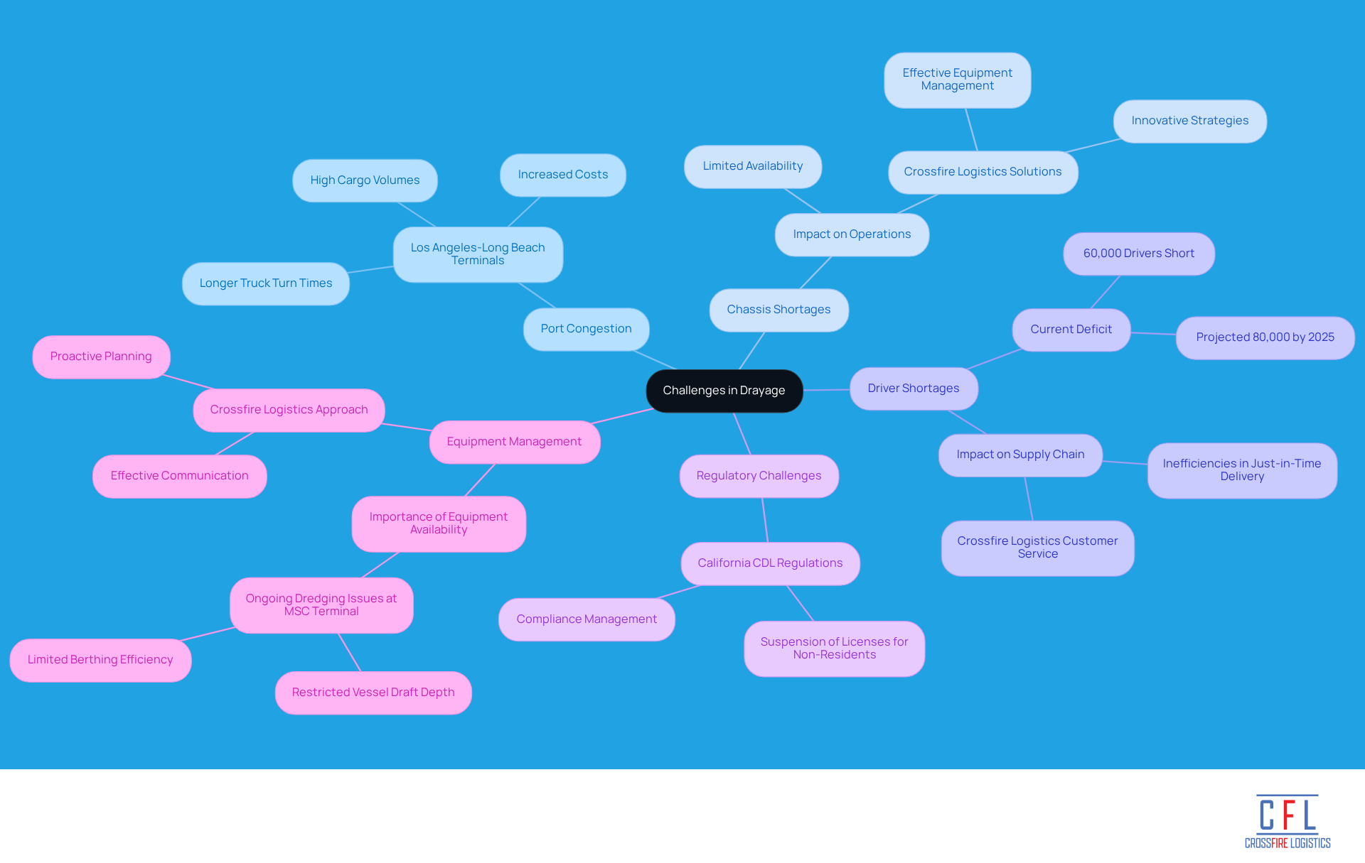 The central node represents the overall challenges in drayage, while each branch highlights a specific issue. The sub-branches provide further details, helping you understand the complexities involved in each challenge.