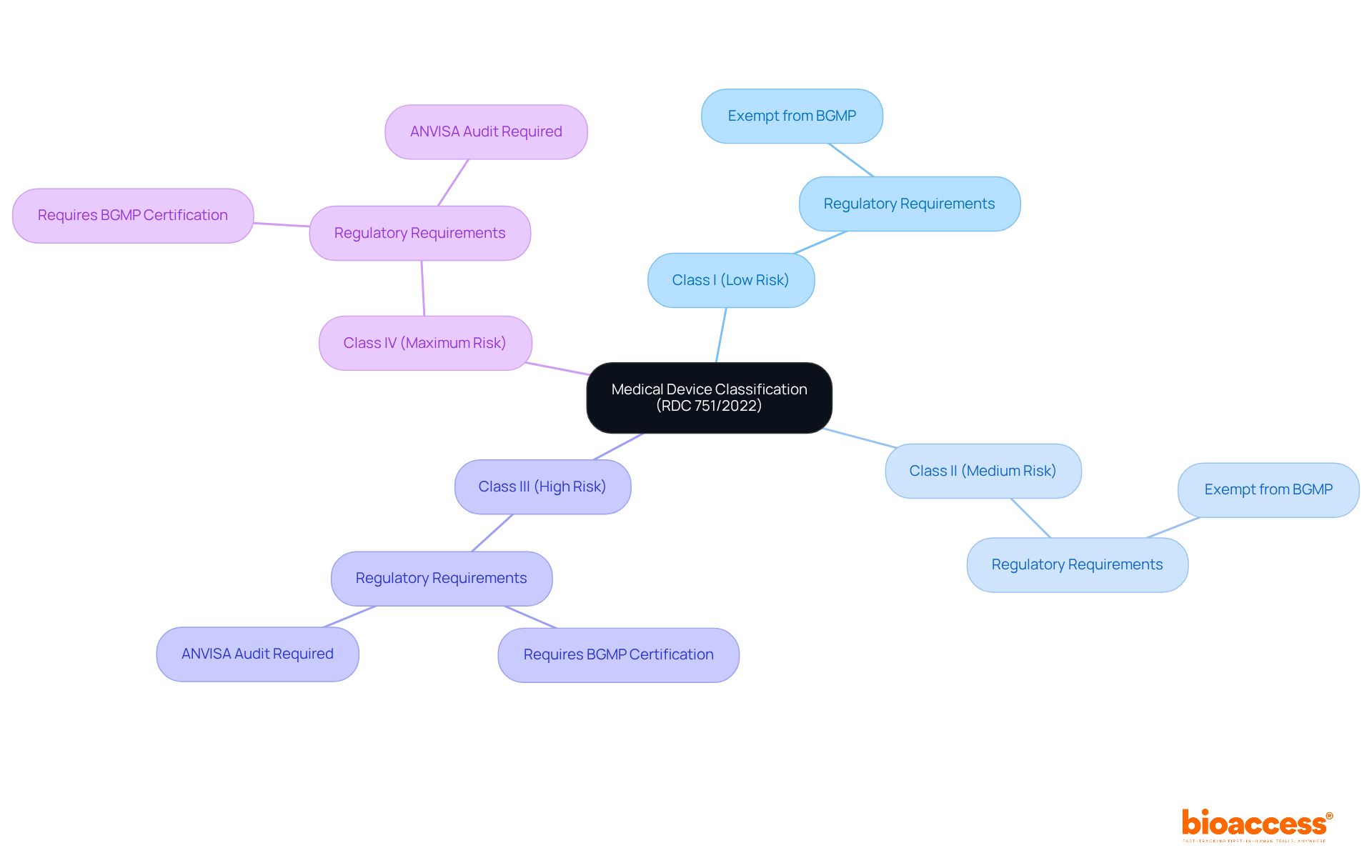 The central node represents the overall classification system, while each branch shows a risk class. Sub-branches provide details on regulatory requirements, helping you understand what each class entails.
