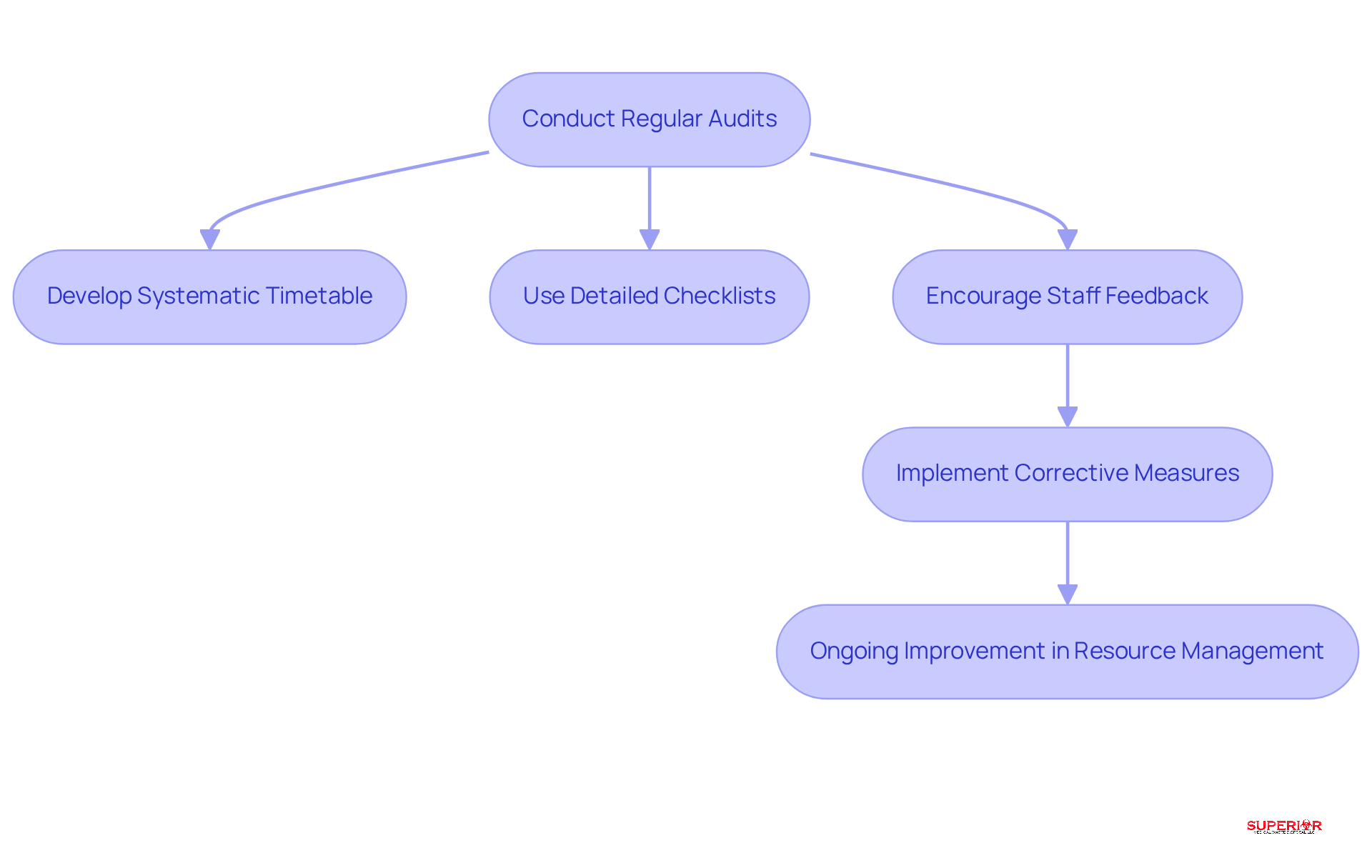 Follow the arrows to see how each step in the audit process connects. Each box represents a key action, from planning audits to implementing improvements based on findings.