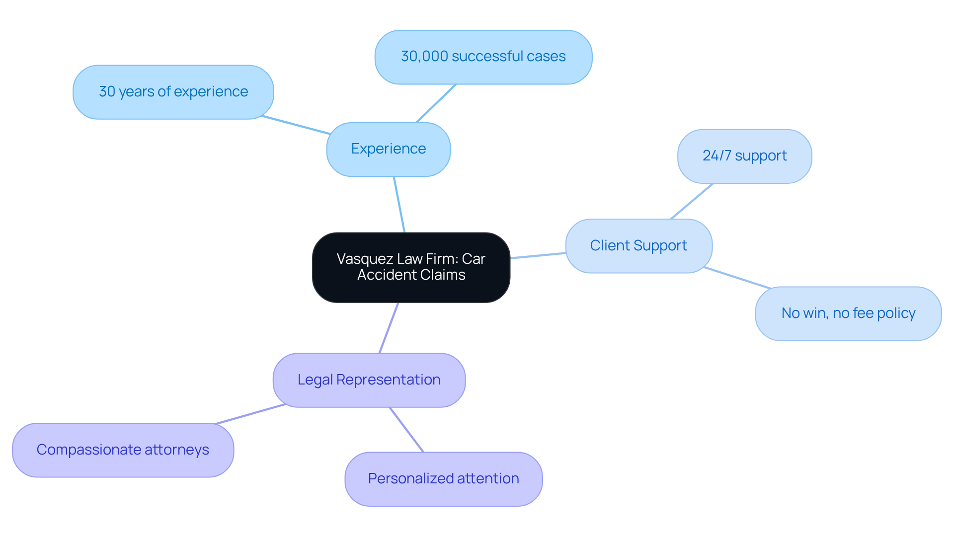 The central node represents the law firm, while the branches show their key strengths and services. Each color-coded branch helps you quickly identify different aspects of their expertise and support.