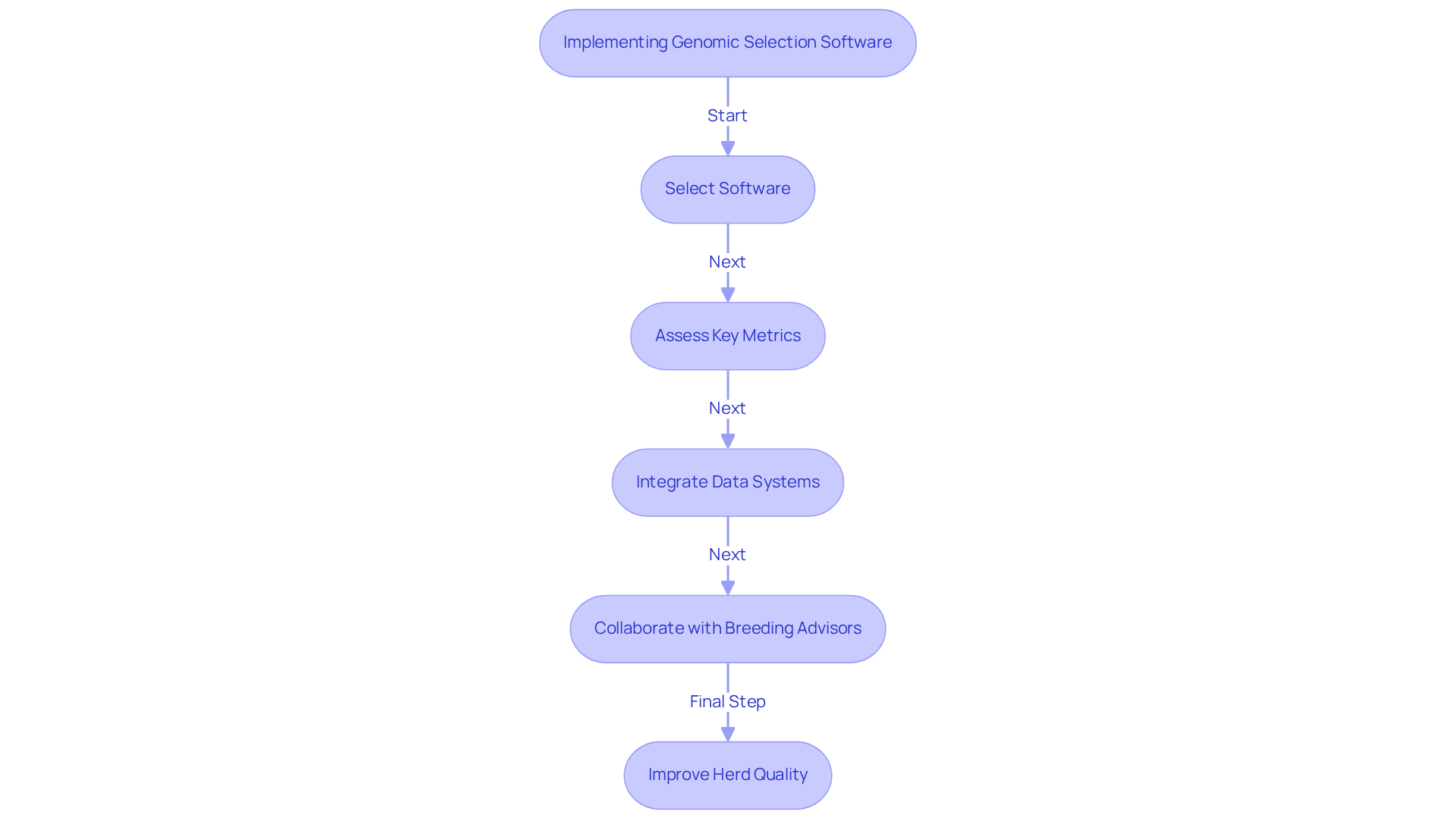Follow the arrows to see how to implement genomic selection software. Each box represents a step in the process, guiding you from choosing the right software to improving the quality of your dairy herd.