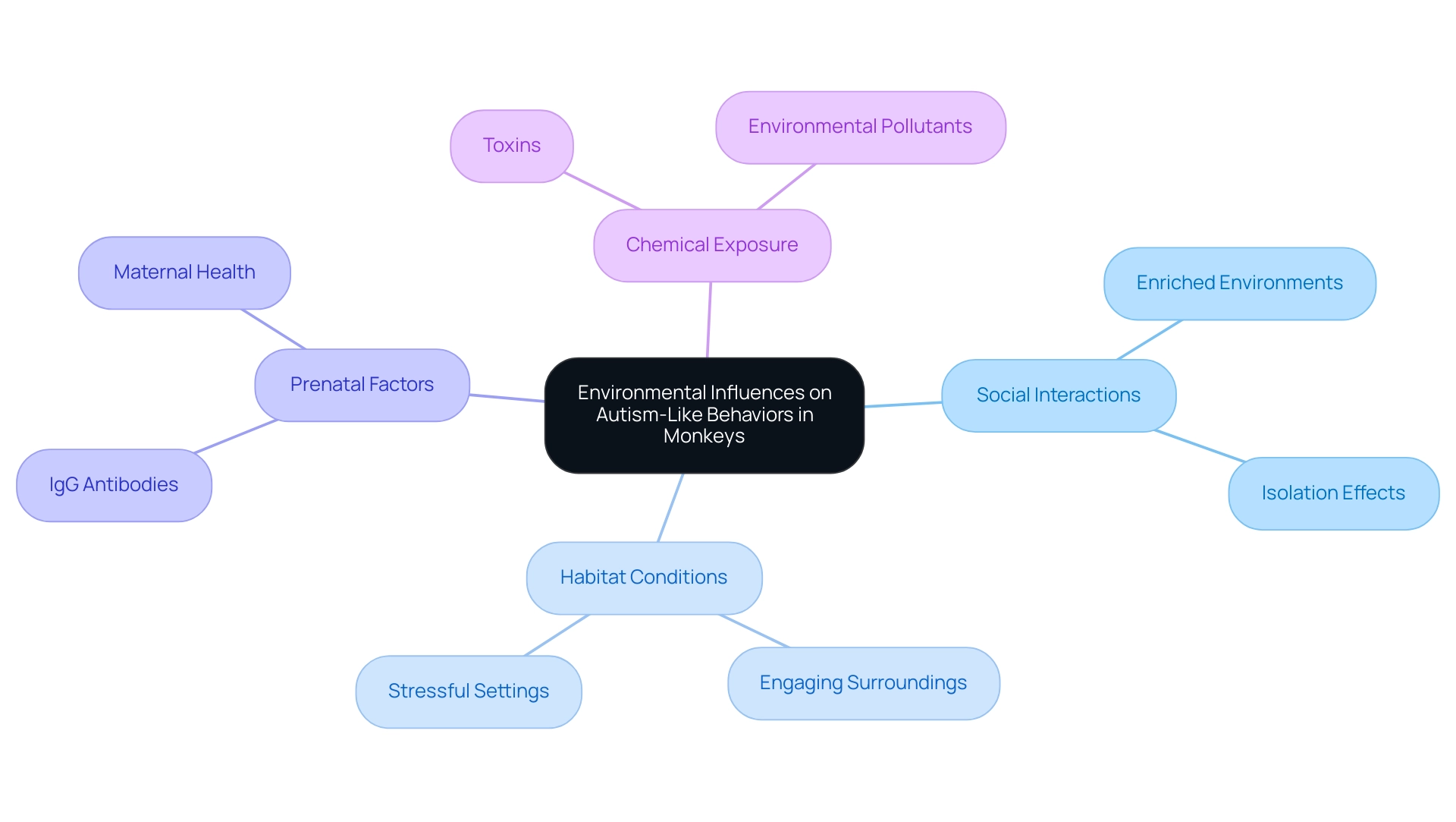 Each branch represents a significant environmental factor influencing autism-like behaviors, with sub-branches detailing specific components related to each factor.