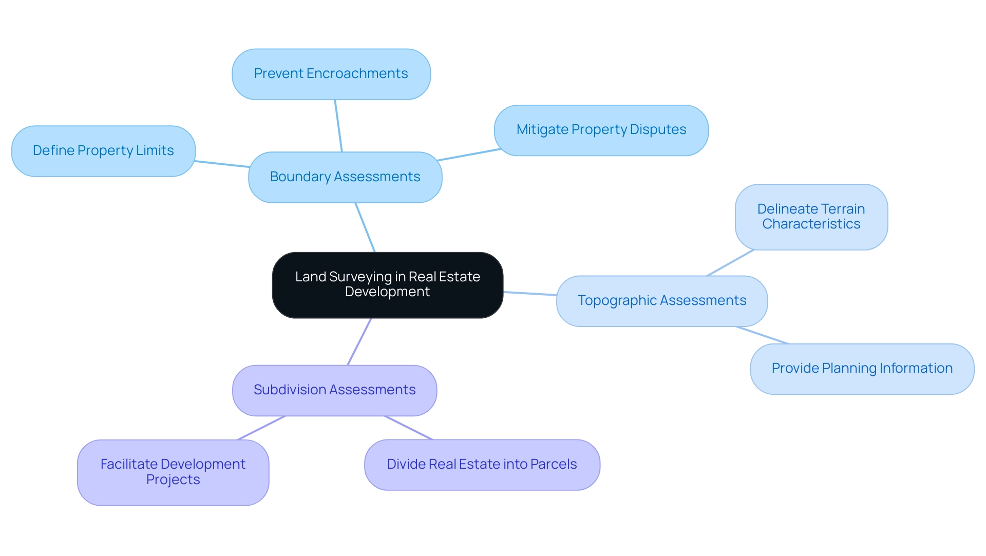 The central node represents land surveying; branches indicate key assessments (boundary, topographic, subdivision) with distinct colors for each.