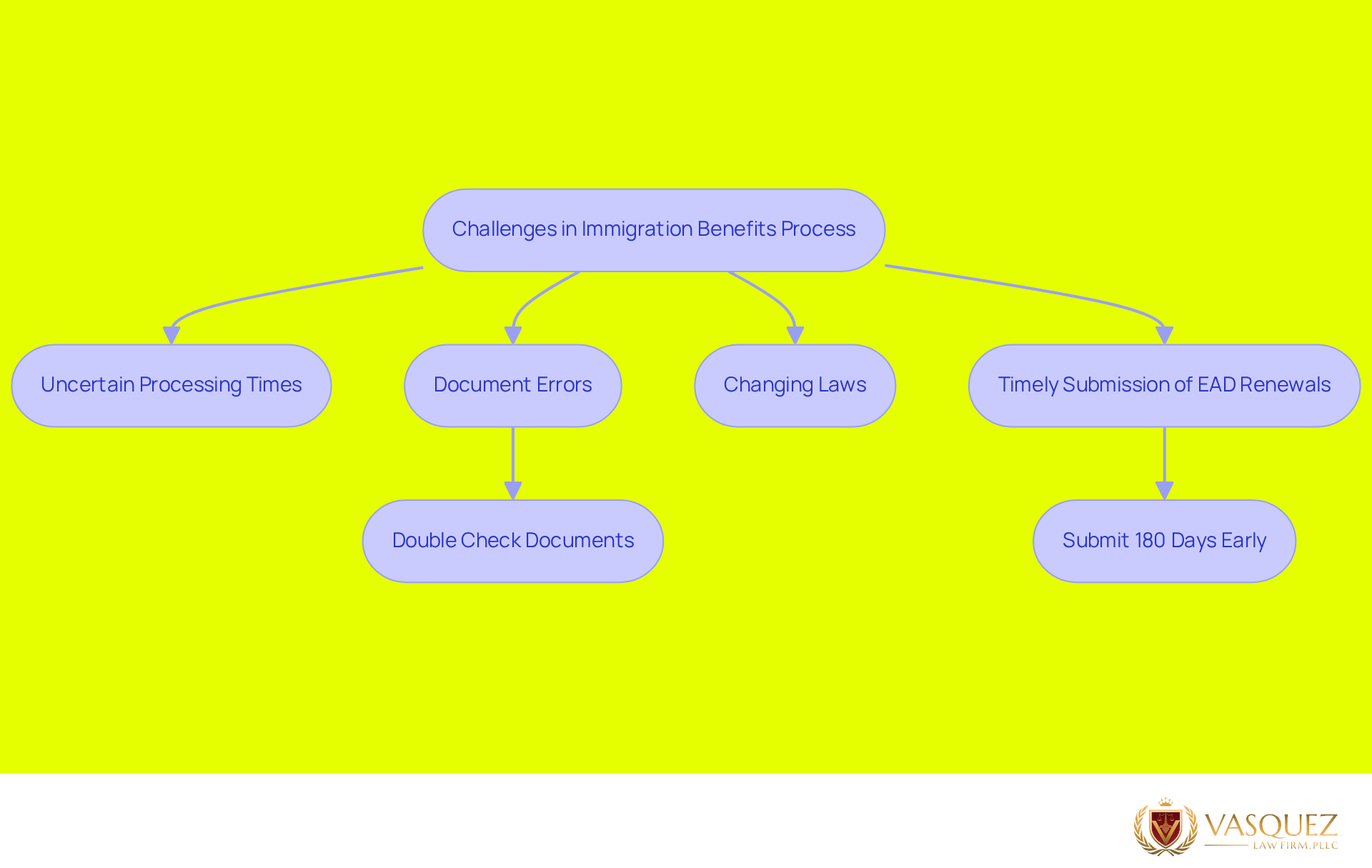 This flowchart outlines the main challenges applicants face when applying for immigration benefits. Each box represents a specific challenge, and the arrows guide you through the recommended actions to take in response to these challenges. Follow the flow to understand how to navigate the immigration process more effectively.