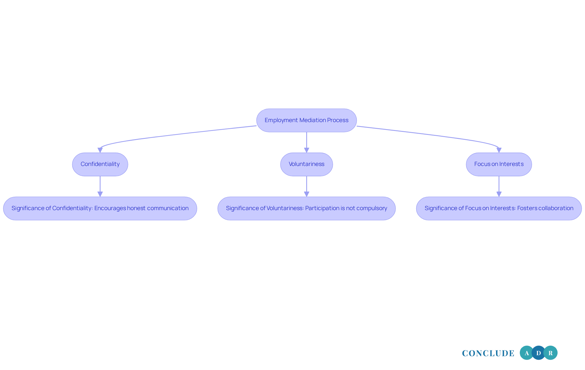 This flowchart outlines the key components of employment mediation. Each box represents a critical aspect of the process, guiding you through the essential elements needed for effective conflict resolution.