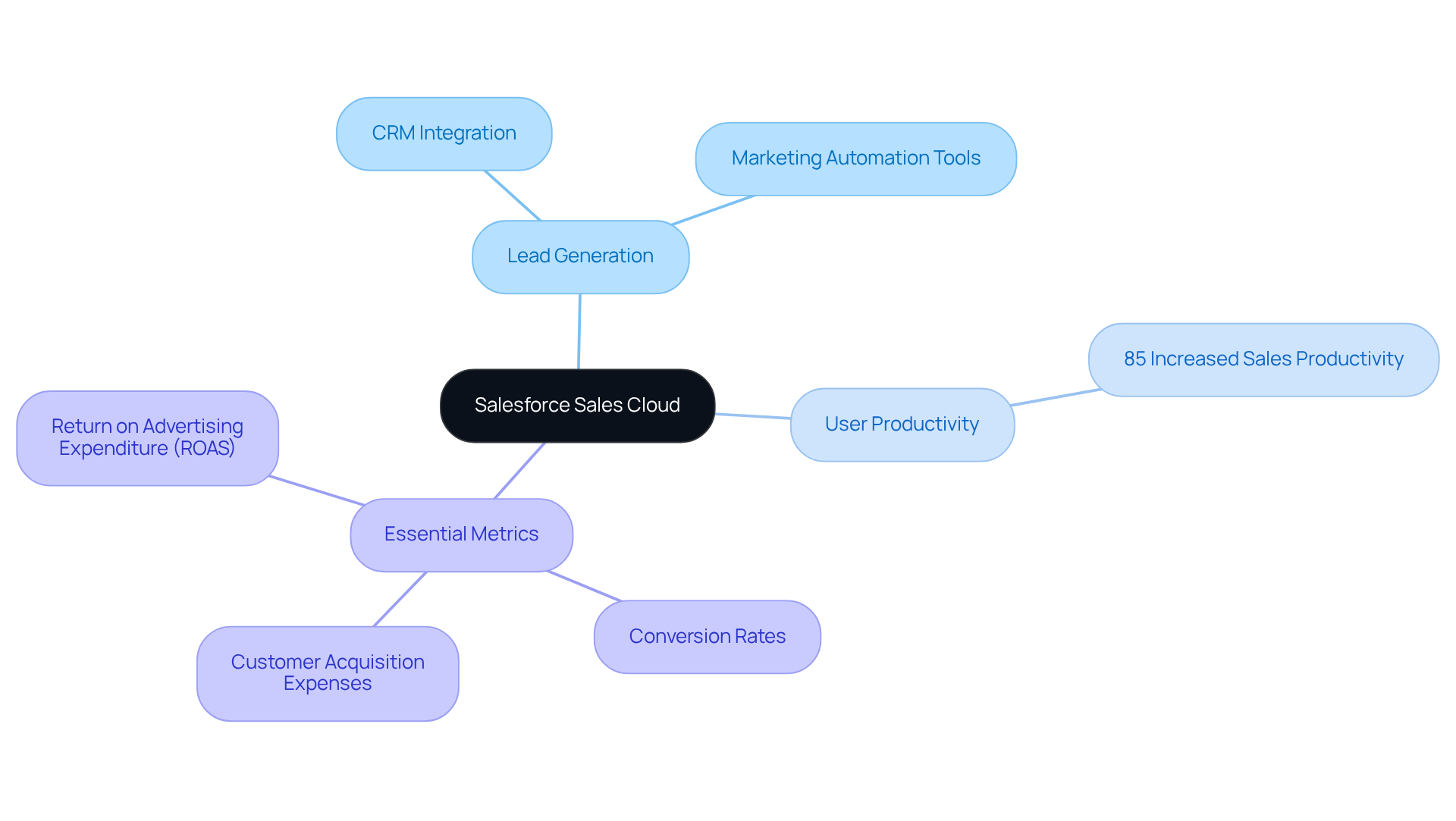 The central node represents Salesforce Sales Cloud, with branches showing how it enhances lead generation, boosts user productivity, and the key metrics to evaluate campaign success. The central node represents Salesforce Sales Cloud, with branches showing how it enhances lead generation, boosts user productivity, and the key metrics to evaluate campaign success.
