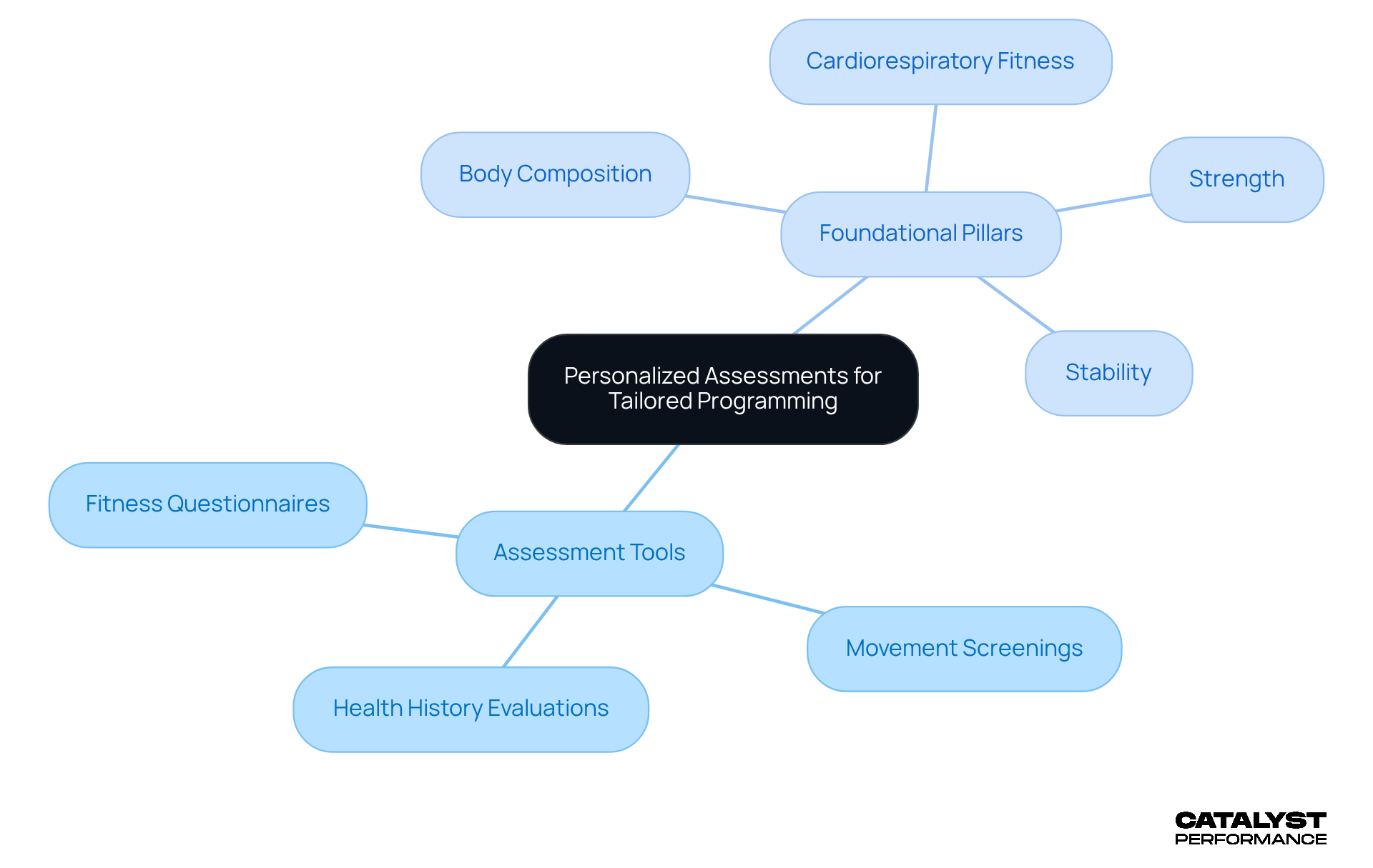 The central node represents the main concept of personalized assessments, while the branches show the tools and foundational pillars that support tailored programming. Each color-coded branch helps you easily identify different aspects of the approach.