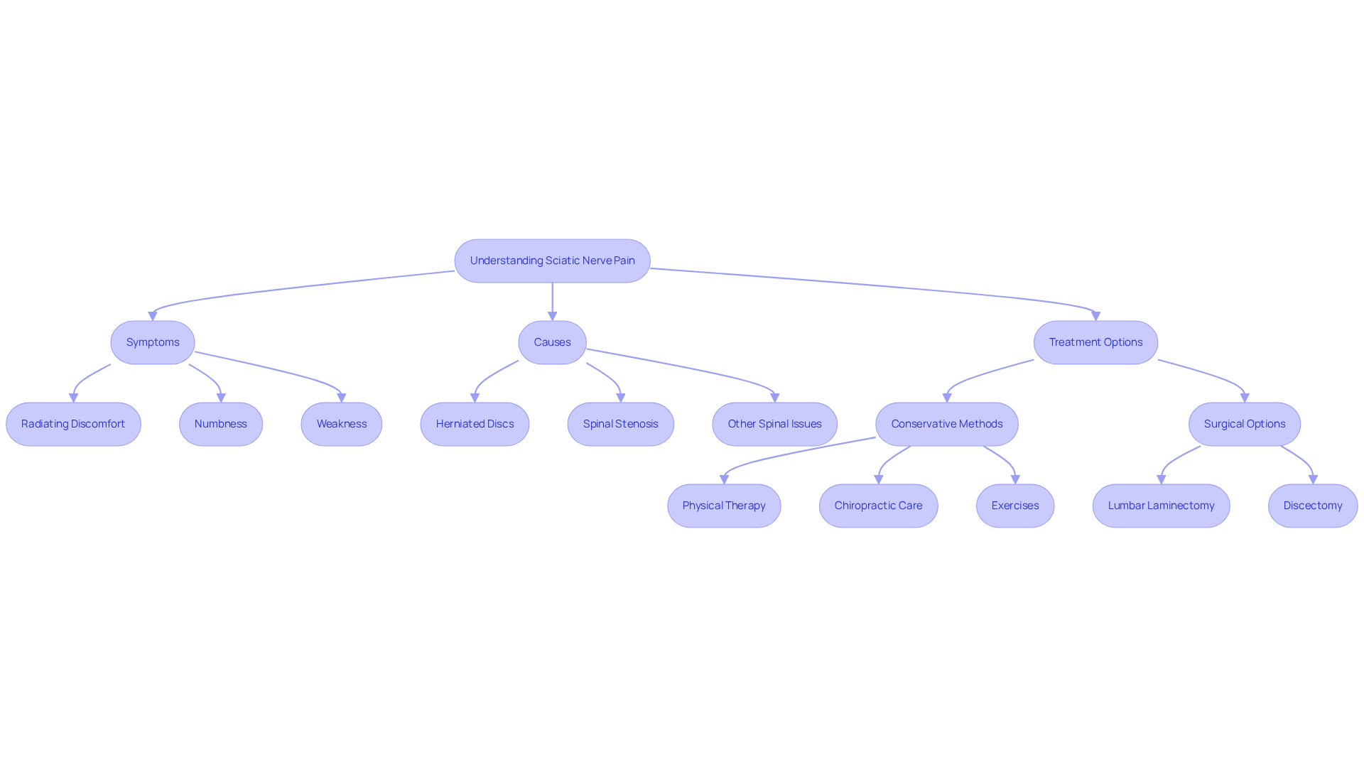 This flowchart guides you through understanding sciatic nerve pain. Start at the top with the main idea, then follow the branches to learn about symptoms, causes, and treatment options. Each section breaks down into more specific details, helping you see how everything connects.