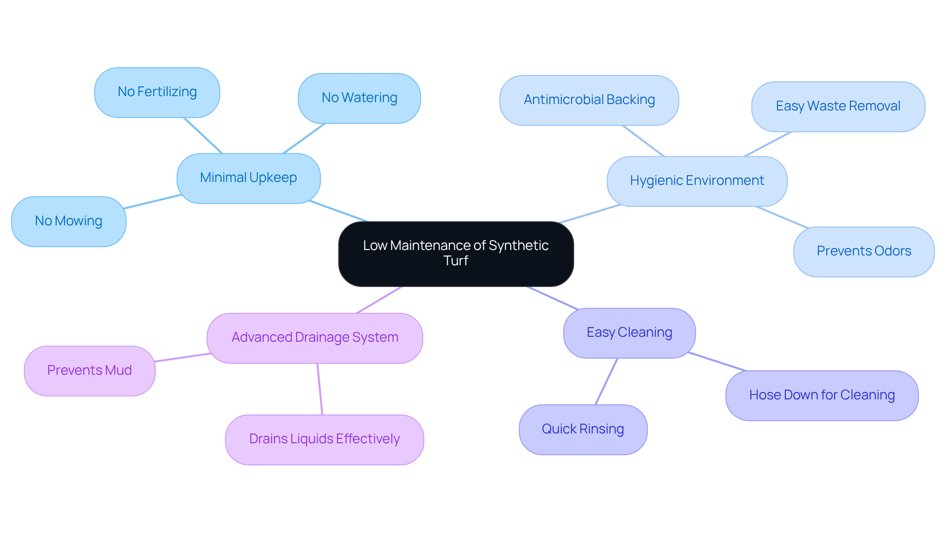 The center shows the main idea of low maintenance, and the branches highlight the specific benefits that make synthetic turf a great choice for dog owners.