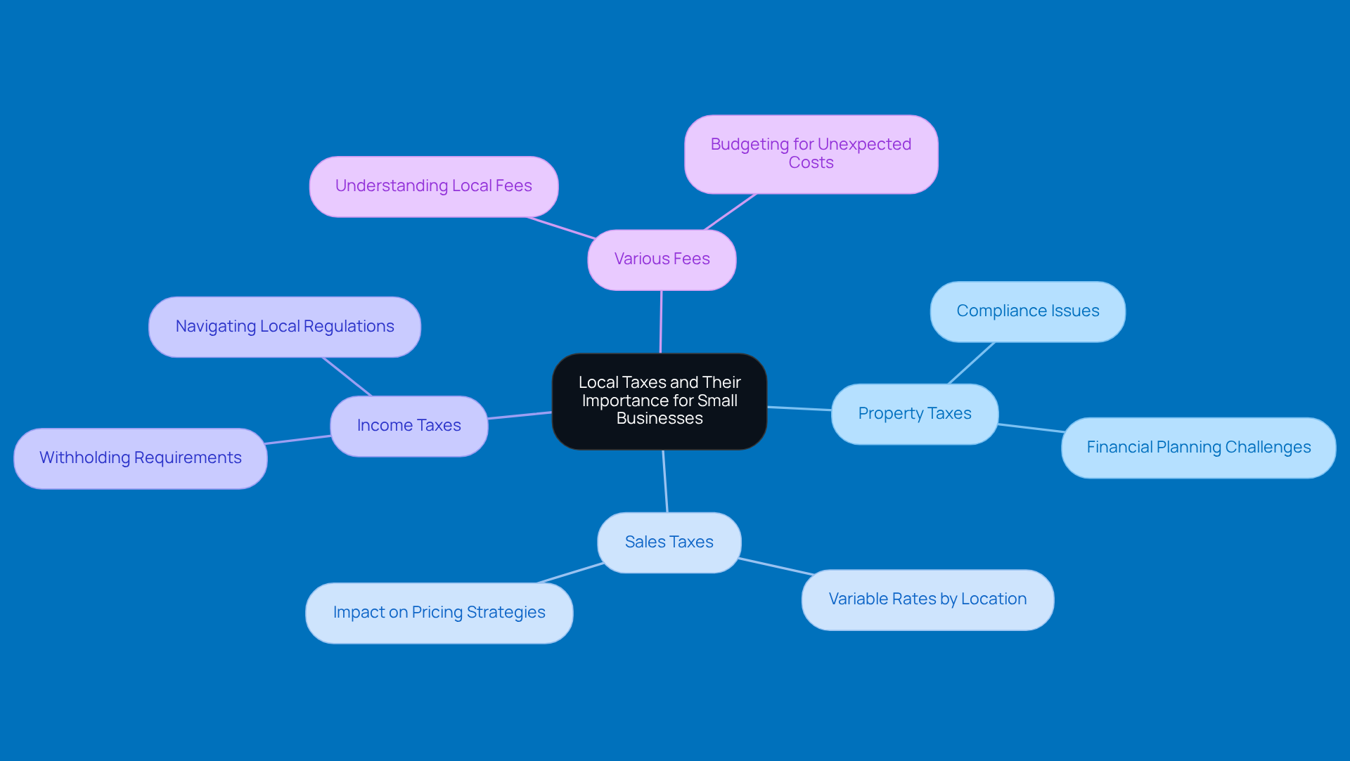 The center represents the overall theme of local taxes. Each branch shows a type of tax, and the sub-branches highlight the specific challenges and considerations for small businesses. This helps visualize how local taxes impact business operations.