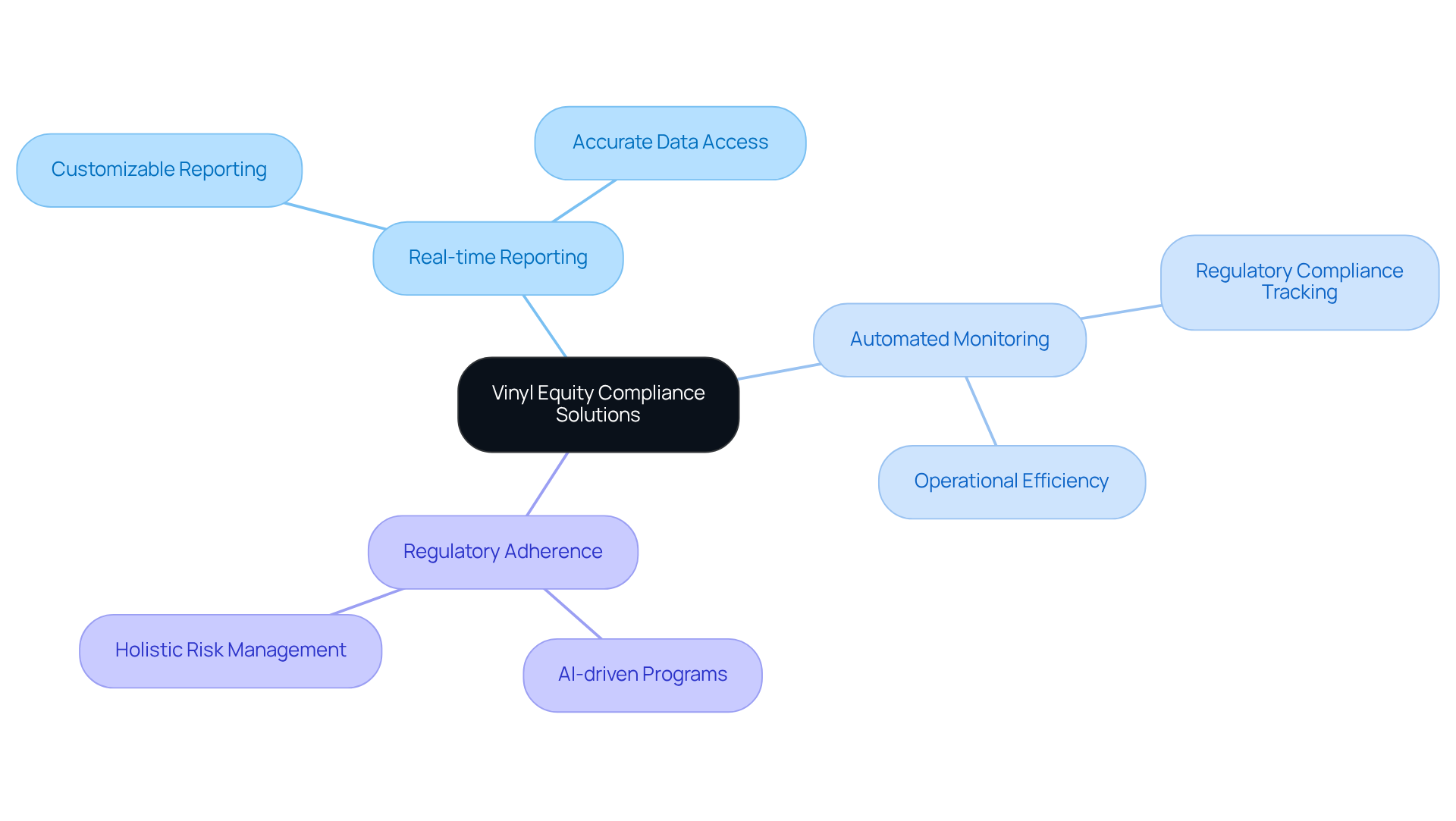 The center represents Vinyl Equity's main focus on compliance solutions. Each branch shows a key feature or metric, helping you understand how they contribute to effective risk management.