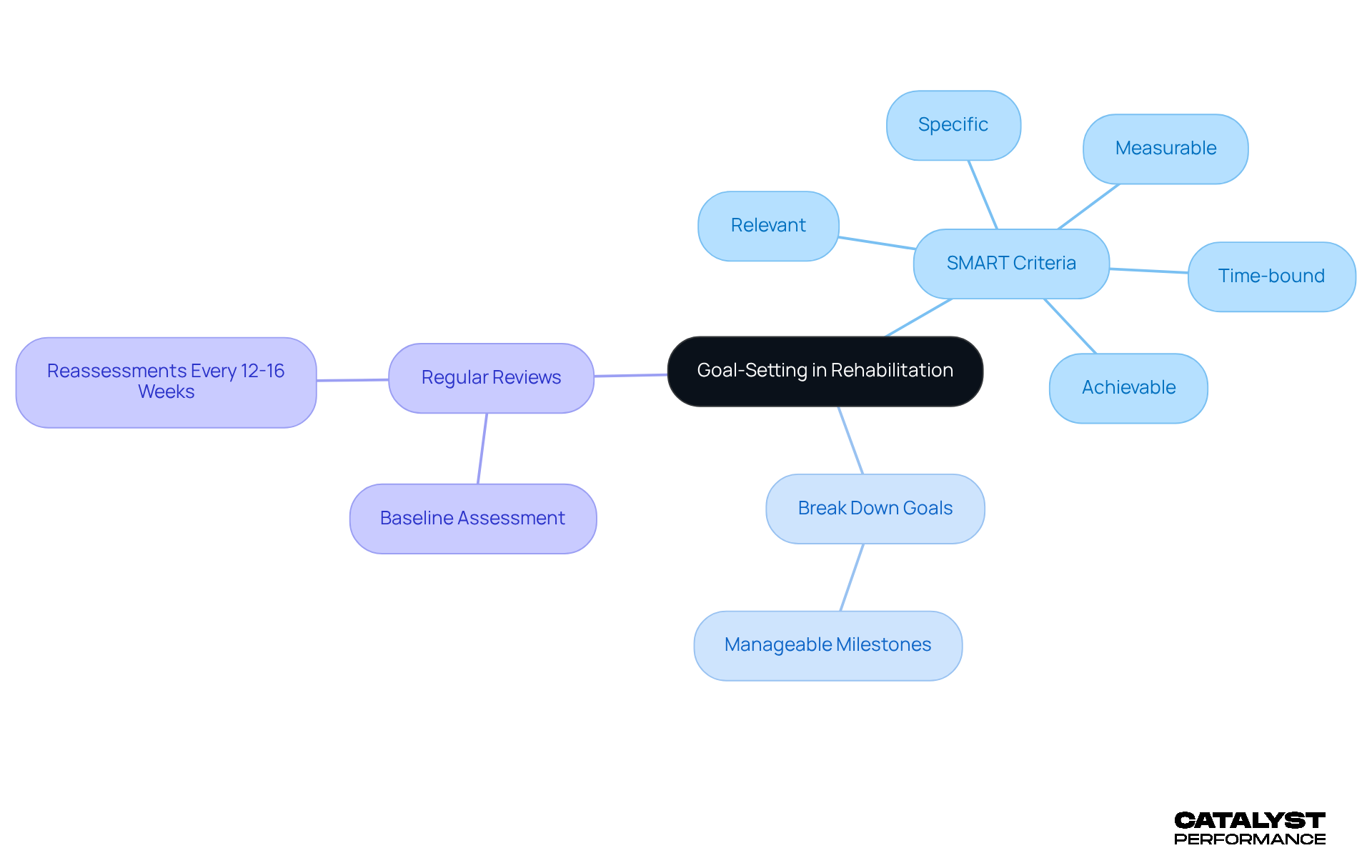 The center represents the main idea of goal-setting, with branches showing different strategies. Each color-coded branch helps you understand how to approach your goals effectively, making the process clearer and more engaging.
