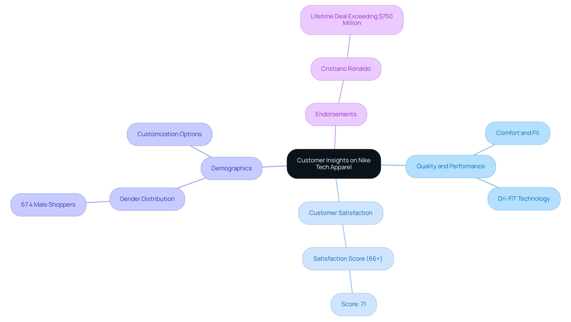 The central node represents overall customer insights, with branches detailing quality, satisfaction, demographics, and endorsements.