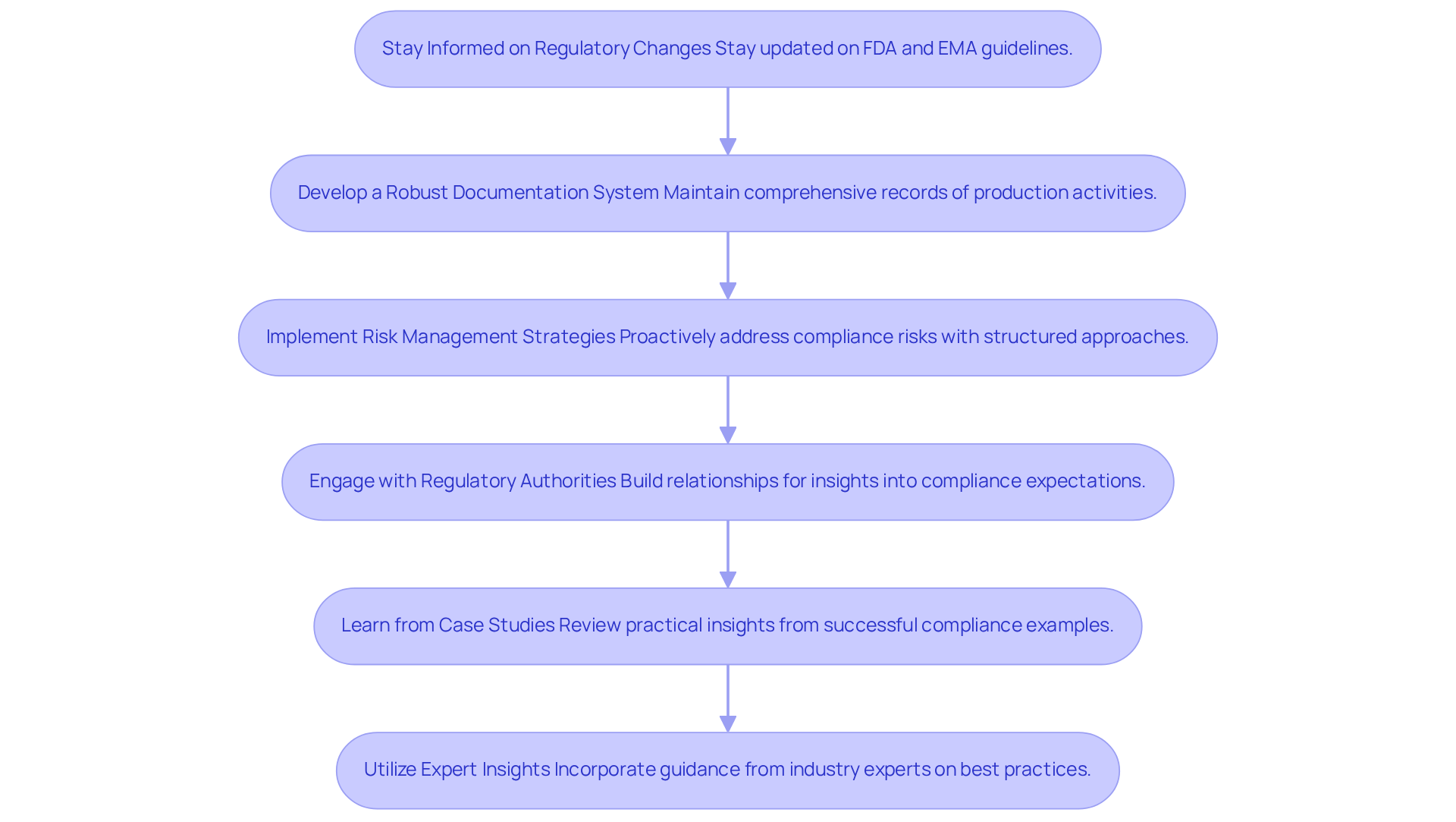 Each box in the flowchart represents a strategy for ensuring compliance in manufacturing. Follow the arrows to see how each strategy builds on the previous one, leading to successful regulatory approvals.