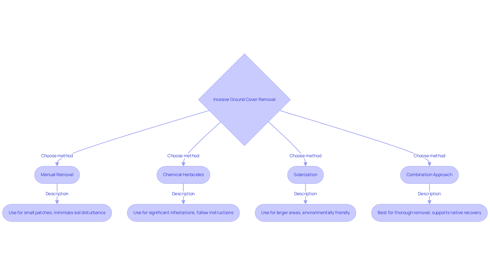 Follow the arrows to see which method to choose based on your situation. Each box represents a different removal method, helping you decide the best approach for your invasive plant problem. Follow the arrows to see which method to choose based on your situation. Each box represents a different removal method, helping you decide the best approach for your invasive plant problem.