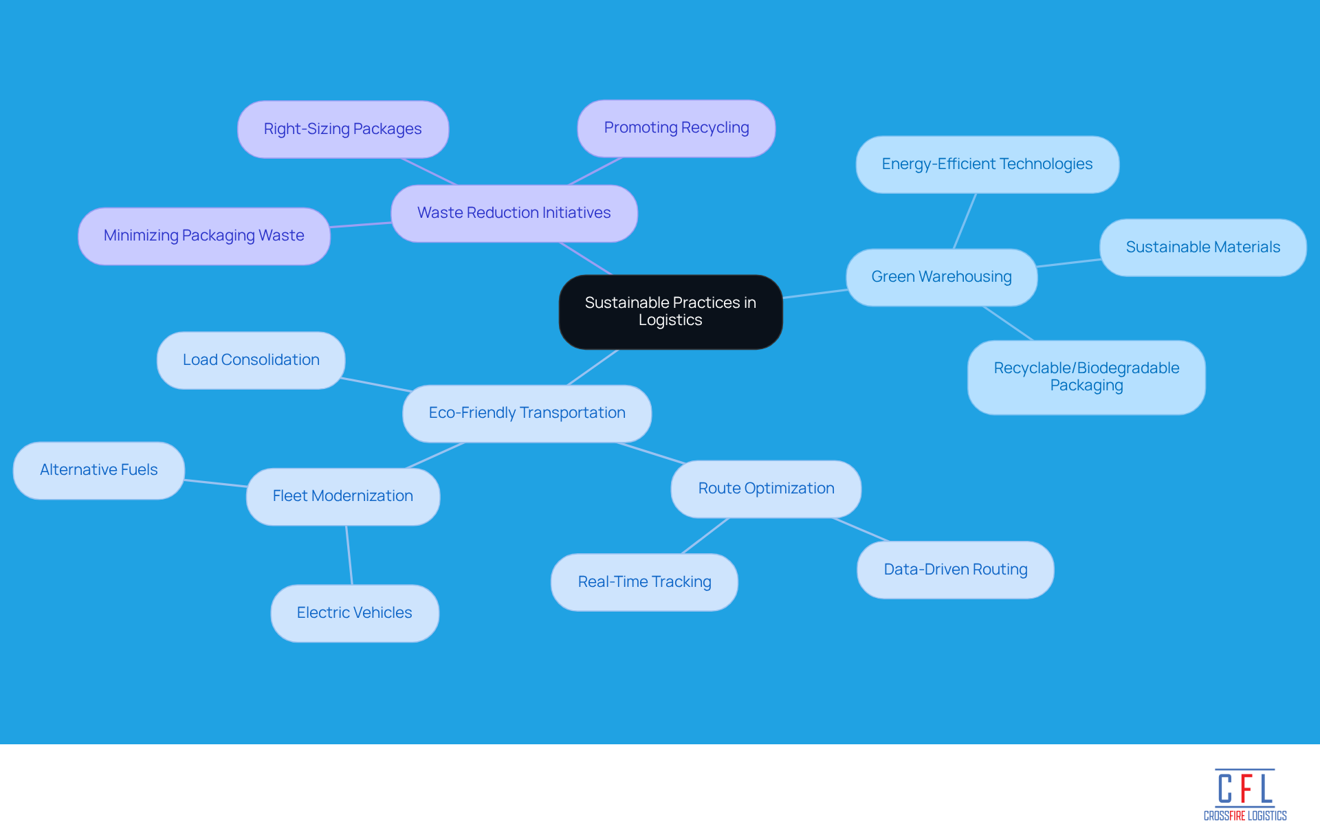 The center represents sustainable practices, with branches showing different strategies. Each category highlights how companies can reduce environmental impact, with further details on specific actions that contribute to sustainability.