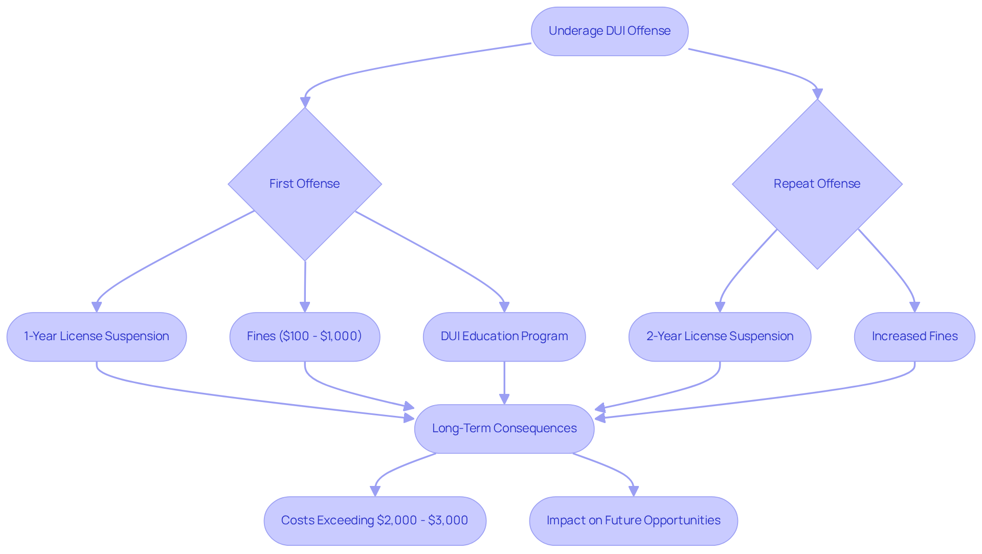 This flowchart shows the consequences of underage DUI offenses. Start with the offense at the top, then follow the arrows to see what happens for a first offense and how it escalates for repeat offenses. The final box highlights the long-term effects on a young person's life.