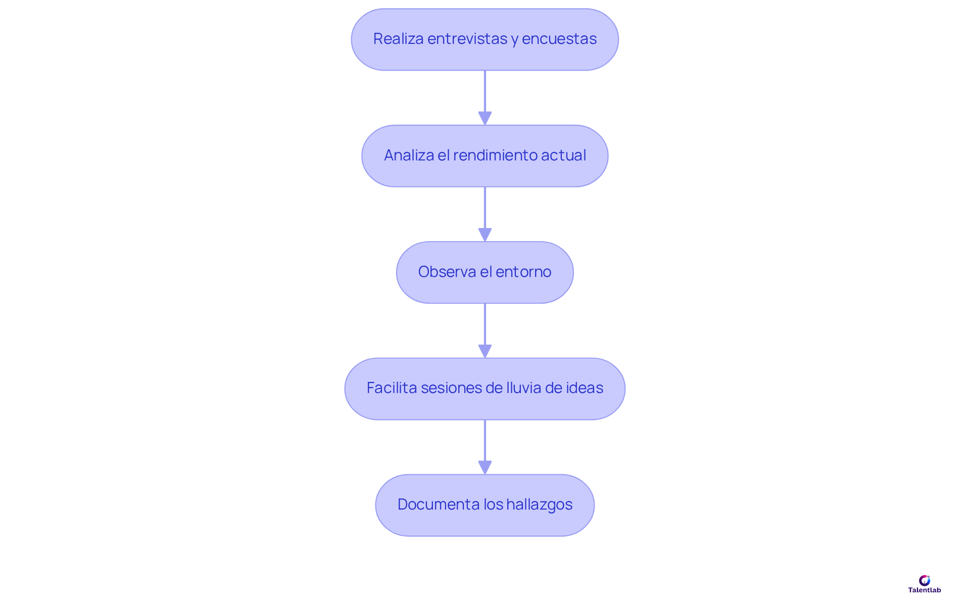 Cada cuadro representa un paso en el proceso de identificación de necesidades. Sigue las flechas para ver cómo cada paso lleva al siguiente, asegurando que se aborden todas las áreas necesarias para el éxito organizacional.