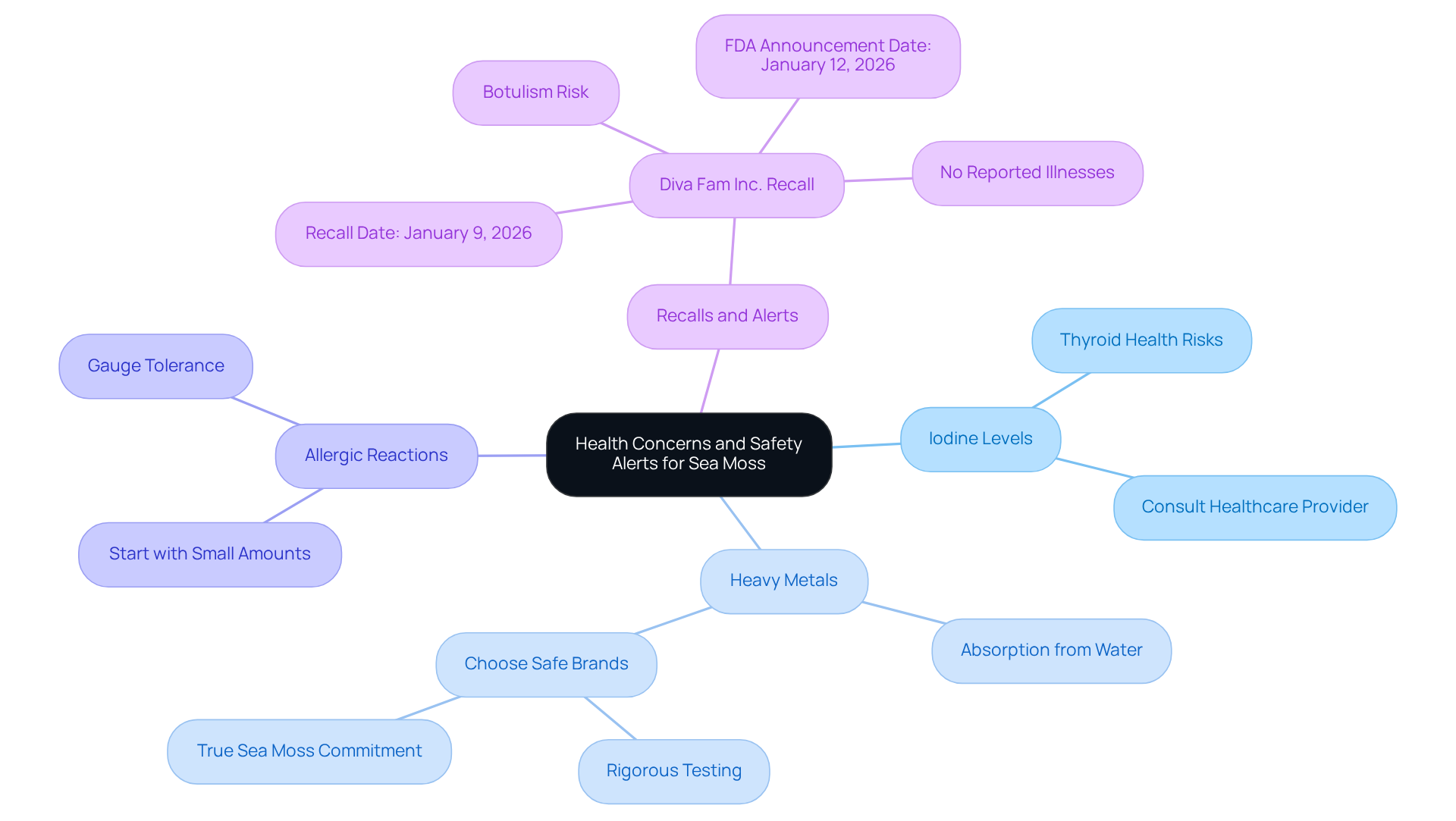 The central node represents the overall topic of health concerns related to sea moss. Each branch highlights a specific concern, with further details provided in sub-branches. This layout helps you understand the various aspects of sea moss consumption and the precautions to take.