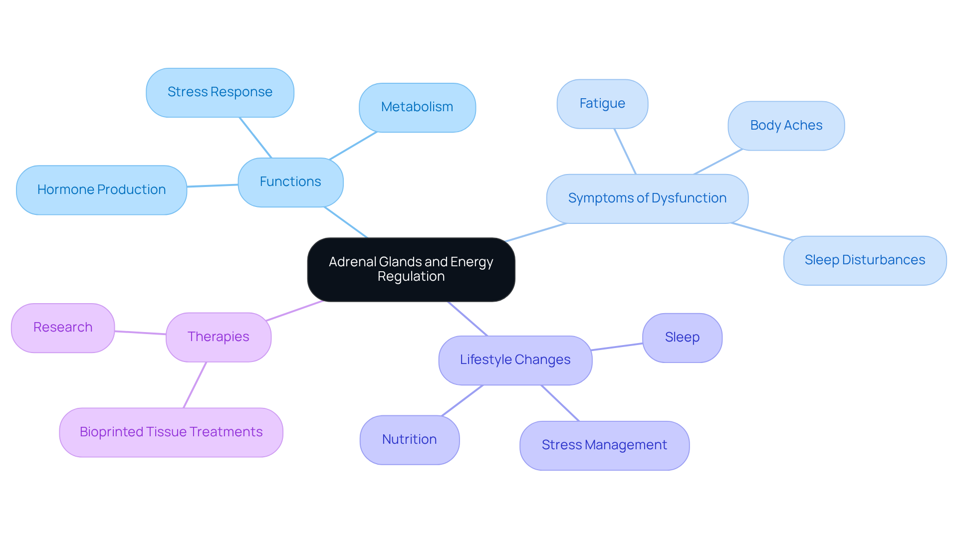 This mindmap starts with the adrenal glands at the center, branching out to show their functions, symptoms of dysfunction, lifestyle changes to support them, and potential therapies. Each branch represents a key area of understanding, helping you visualize how these elements connect to overall energy regulation. This mindmap starts with the adrenal glands at the center, branching out to show their functions, symptoms of dysfunction, lifestyle changes to support them, and potential therapies. Each branch represents a key area of understanding, helping you visualize how these elements connect to overall energy regulation.