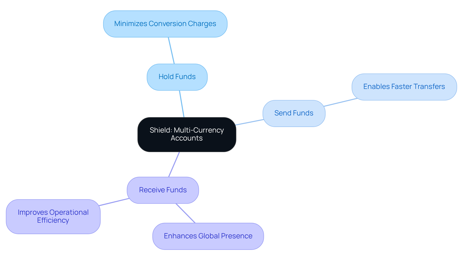 The central node represents Shield's service, while the branches show how each feature contributes to the benefits for companies in international trade.