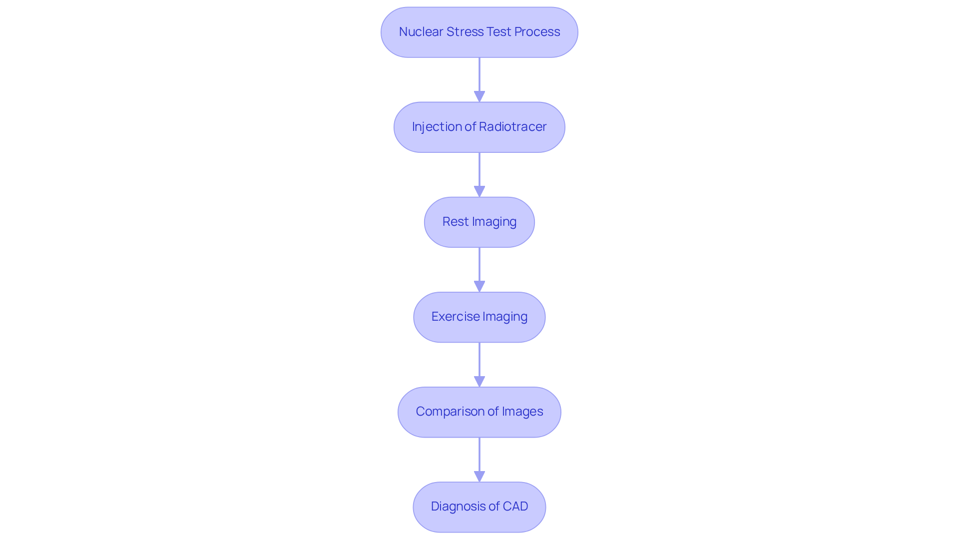 Each box represents a step in the nuclear stress test. Follow the arrows to see how the process unfolds, from the initial injection to the final diagnosis.