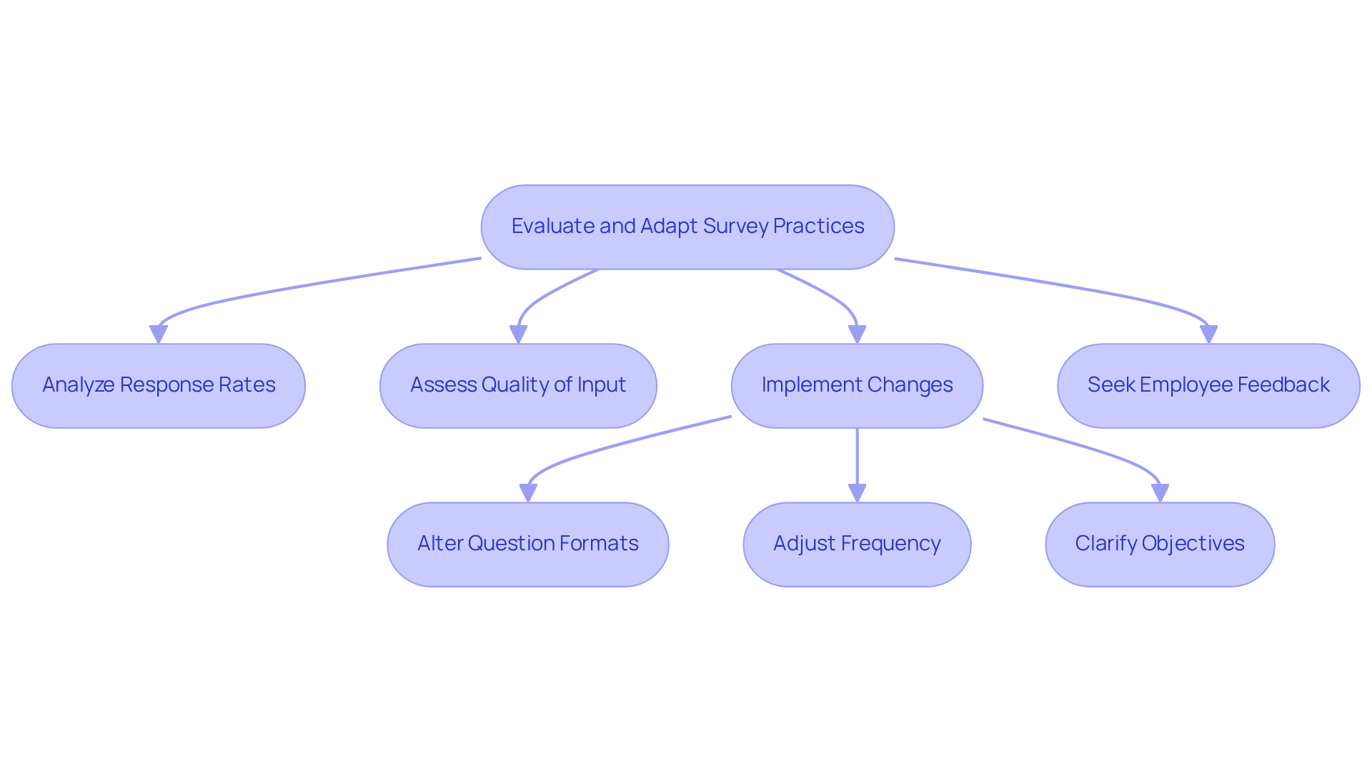 This flowchart shows the steps organizations can take to improve their survey practices. Start at the top and follow the arrows to see how each action leads to the next, helping to create a more effective feedback loop. This flowchart shows the steps organizations can take to improve their survey practices. Start at the top and follow the arrows to see how each action leads to the next, helping to create a more effective feedback loop.