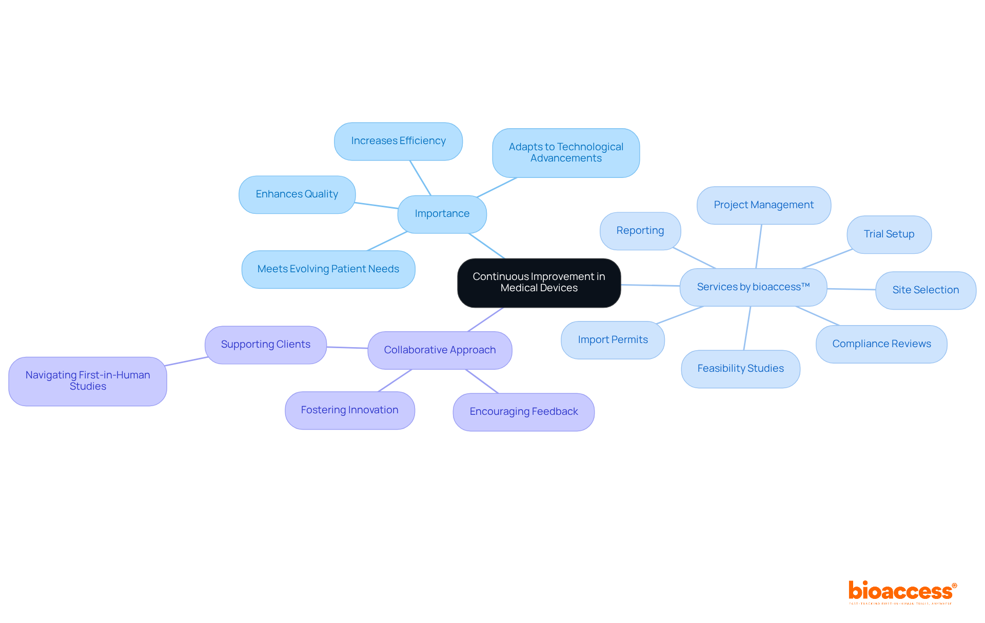 The central node represents the main theme of continuous improvement, while the branches show specific services and their importance in enhancing quality and efficiency in the medical device industry.