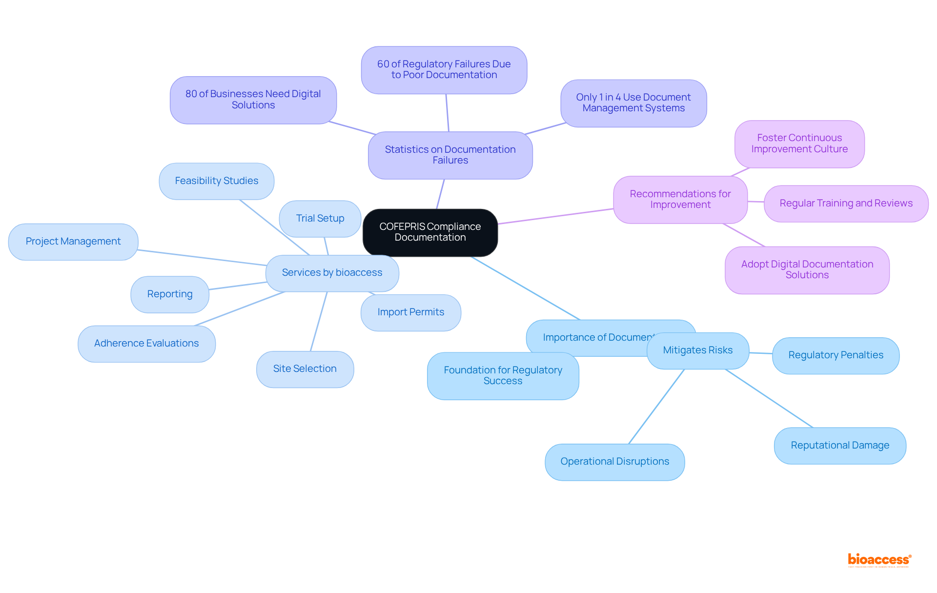 The central node represents the main theme of documentation for compliance. Each branch explores specific aspects, such as services offered, relevant statistics, and actionable recommendations, helping you see the bigger picture at a glance. The central node represents the main theme of documentation for compliance. Each branch explores specific aspects, such as services offered, relevant statistics, and actionable recommendations, helping you see the bigger picture at a glance.