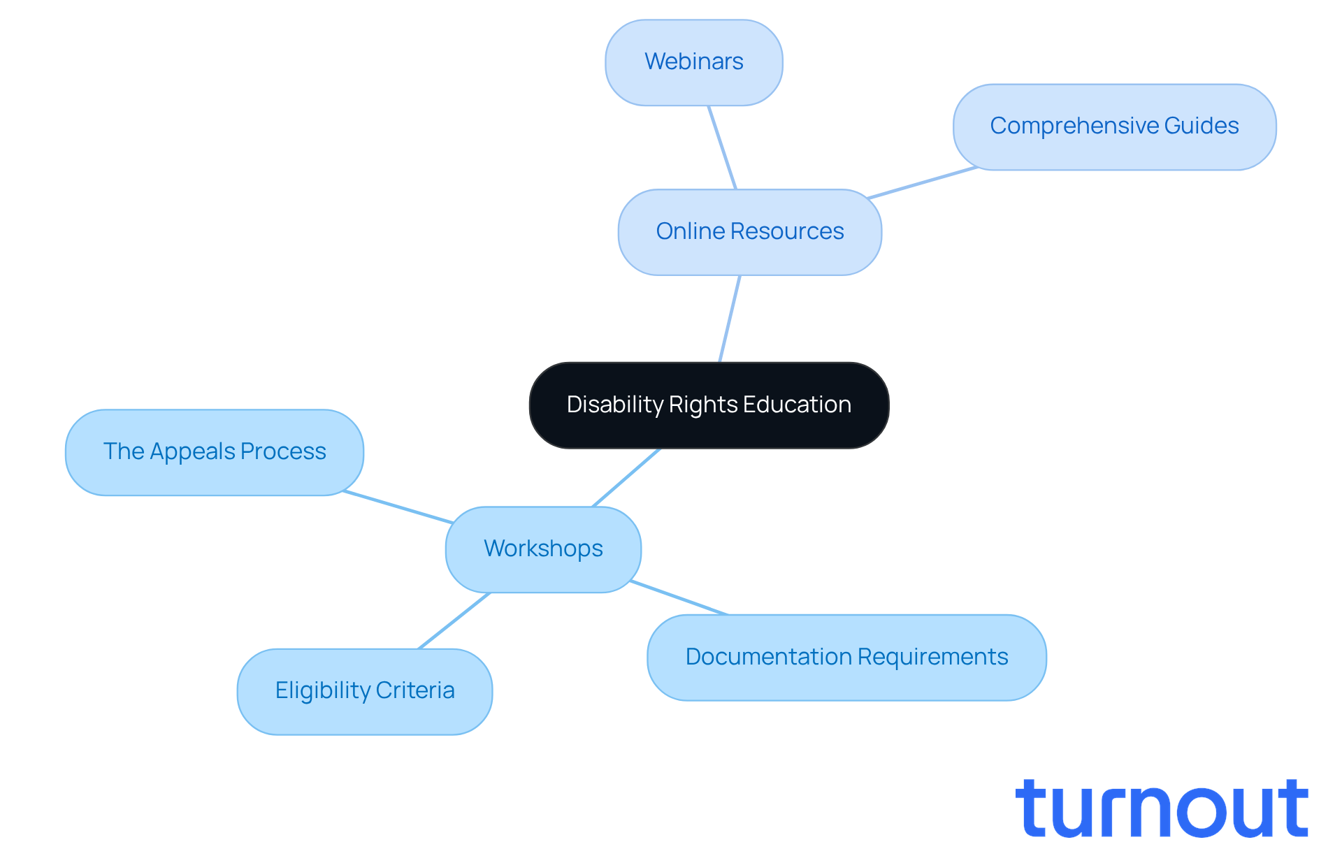 Start at the center with the main theme of disability rights education. Follow the branches to explore different workshops and online resources that can help you navigate the application process.